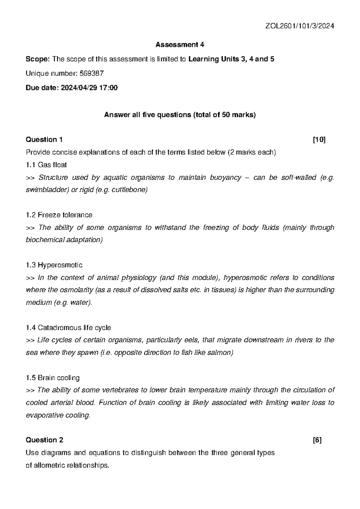 ZOL2601 Assessment 4 Guide: Learning Units 3 to 5 - Due 2024/04/29 ...