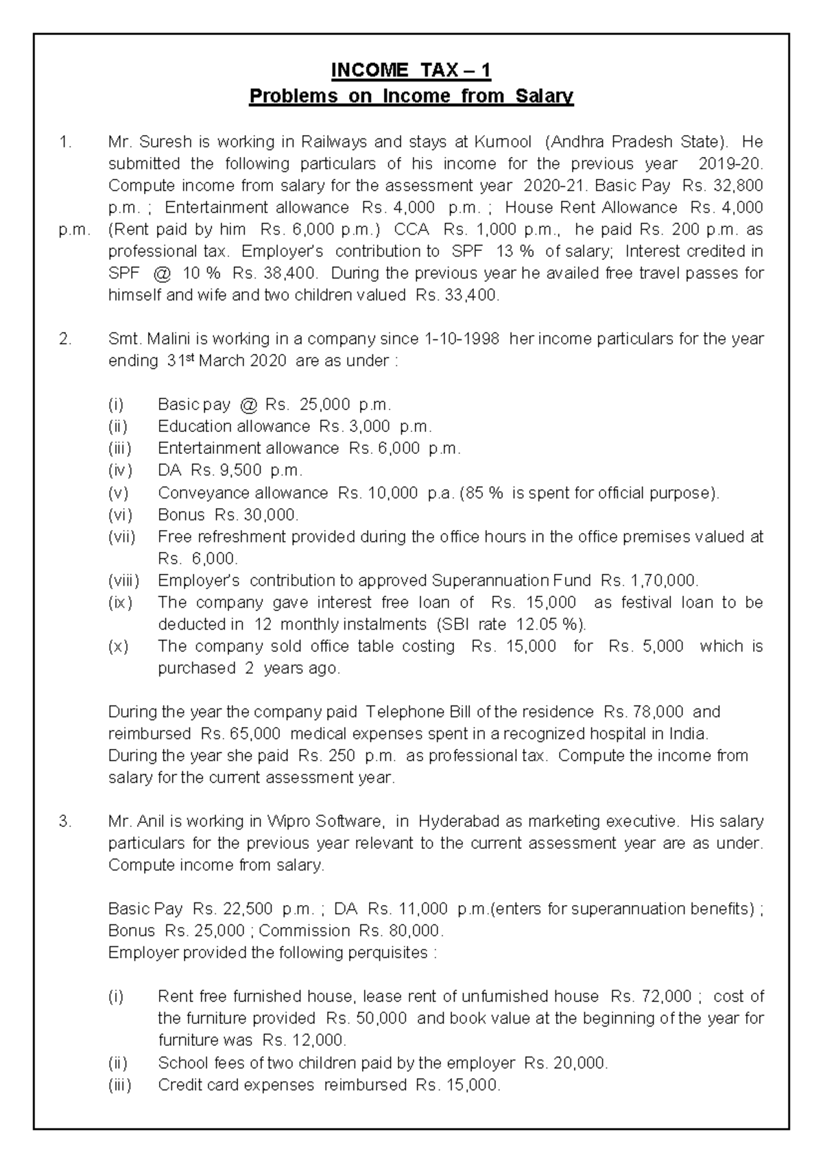 Income Tax 1: Final Problems on Income from Salary Analysis - Studocu