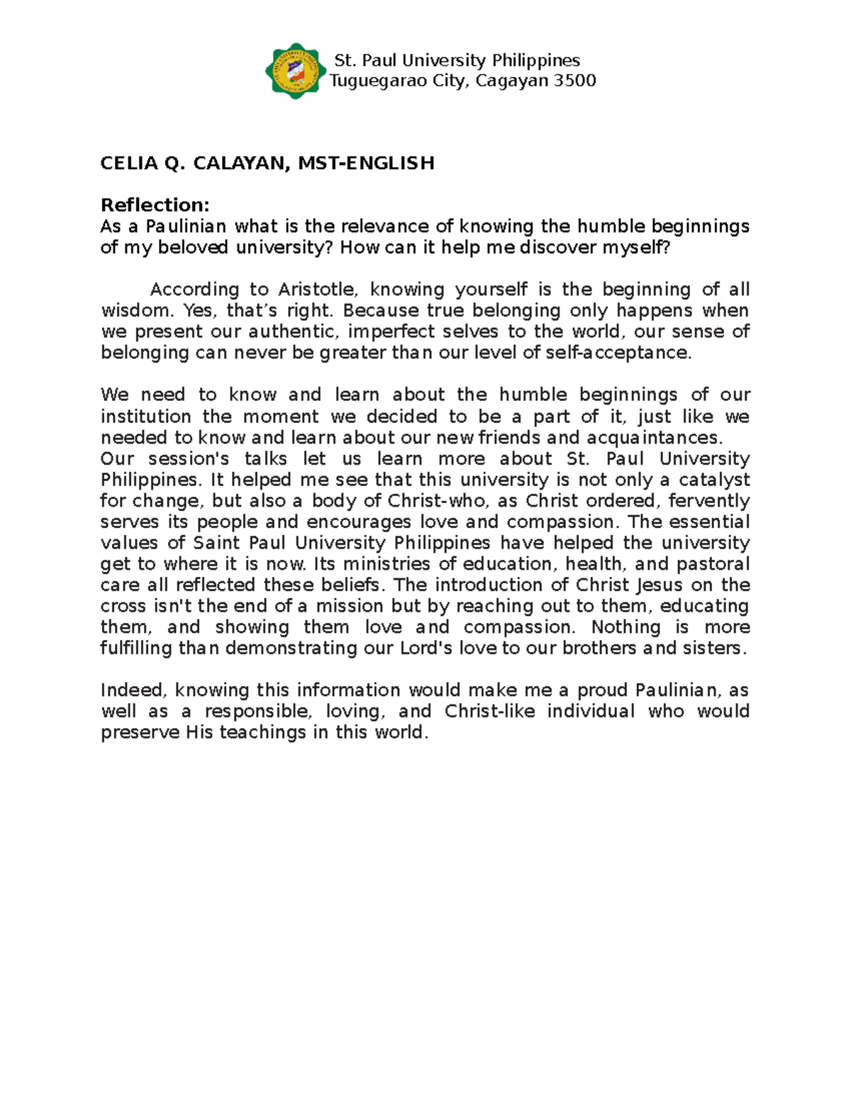 MST-ENGLISH Second Assignment: Reflection on Personal Growth and Faith ...