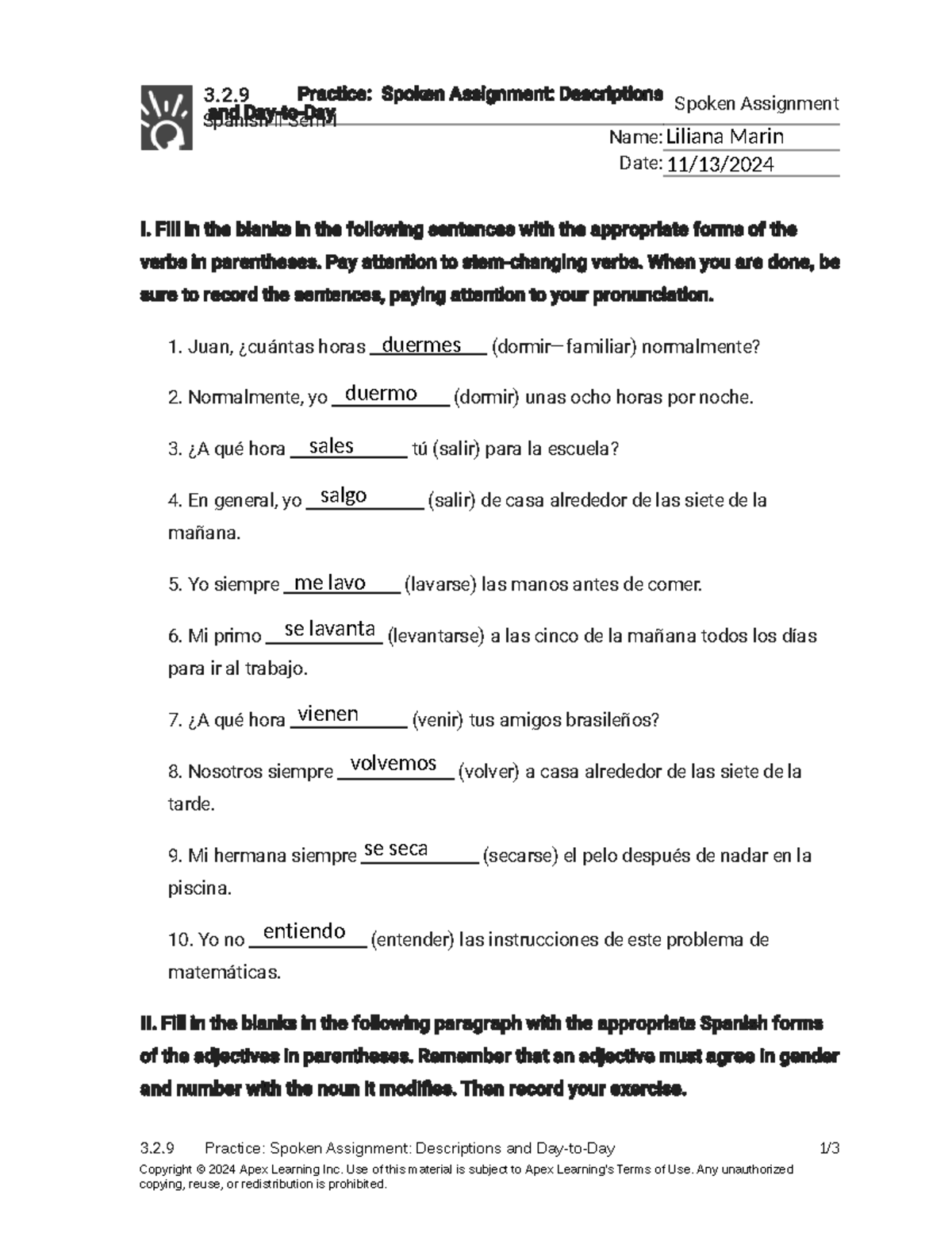Spoken Assignment: Descriptions and Day-to-Day Practice (Spanish II ...