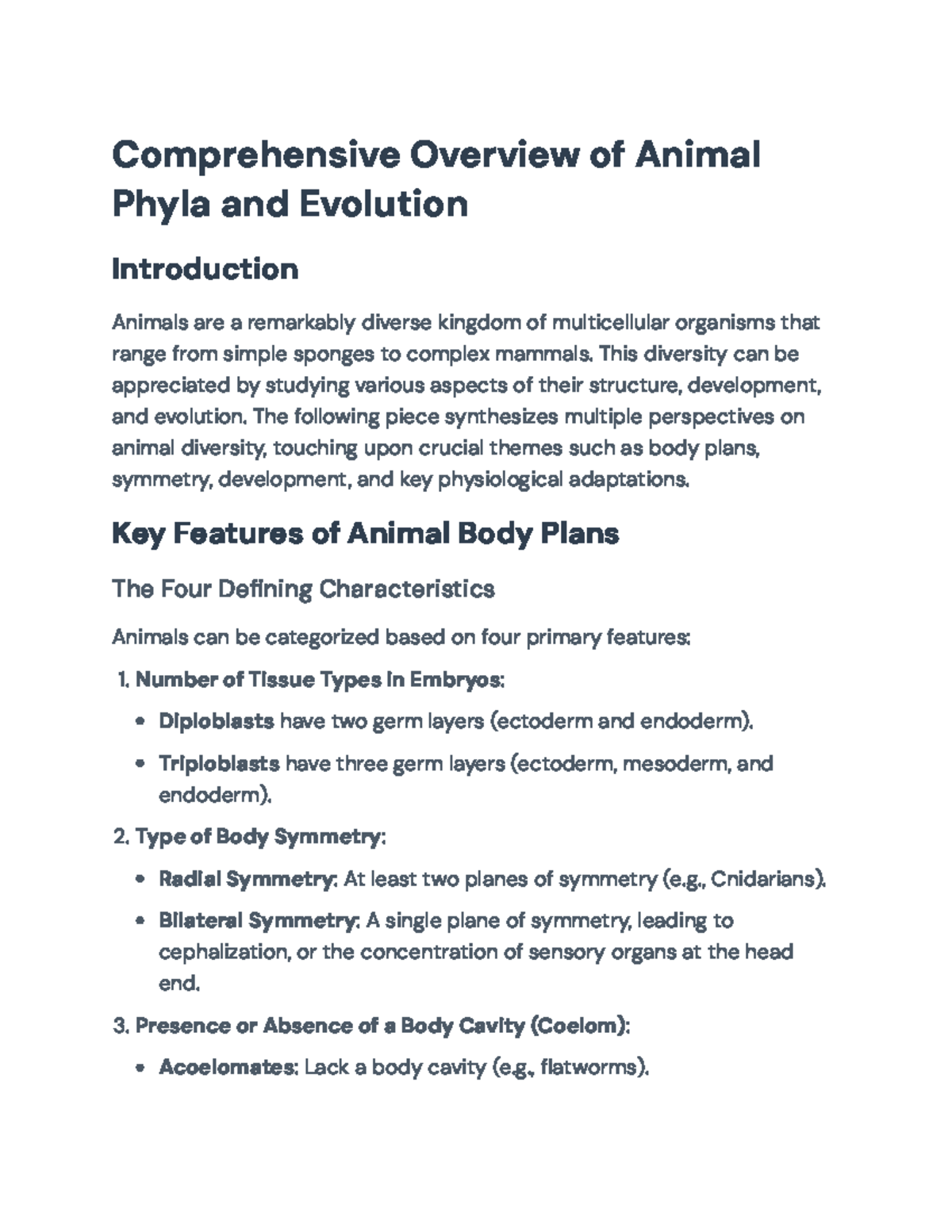 Comp. Overview of Animal Phyla & Evolutionary Adaptations - Studocu