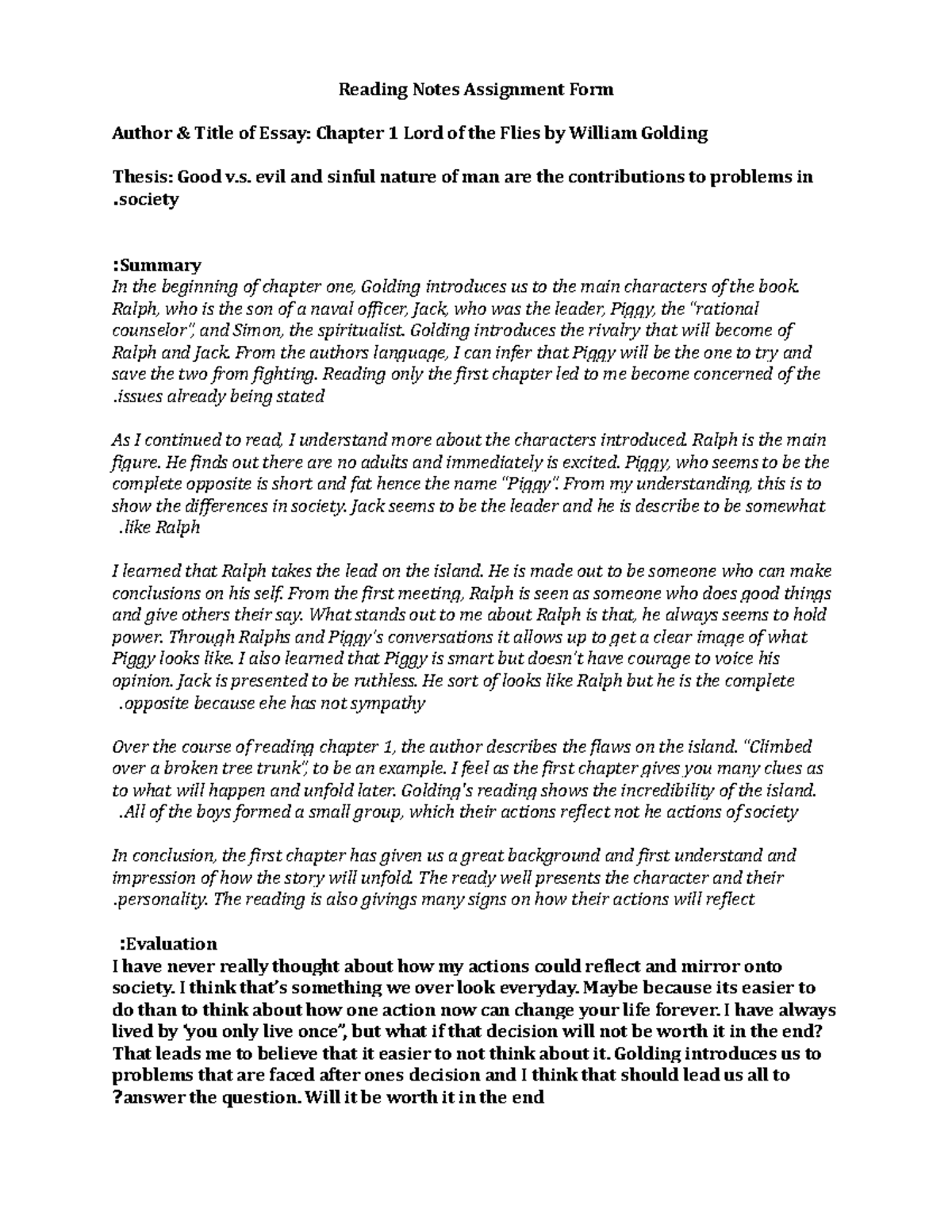 Reading Notes 19 - Reading Notes Assignment Form Author & Title of ...