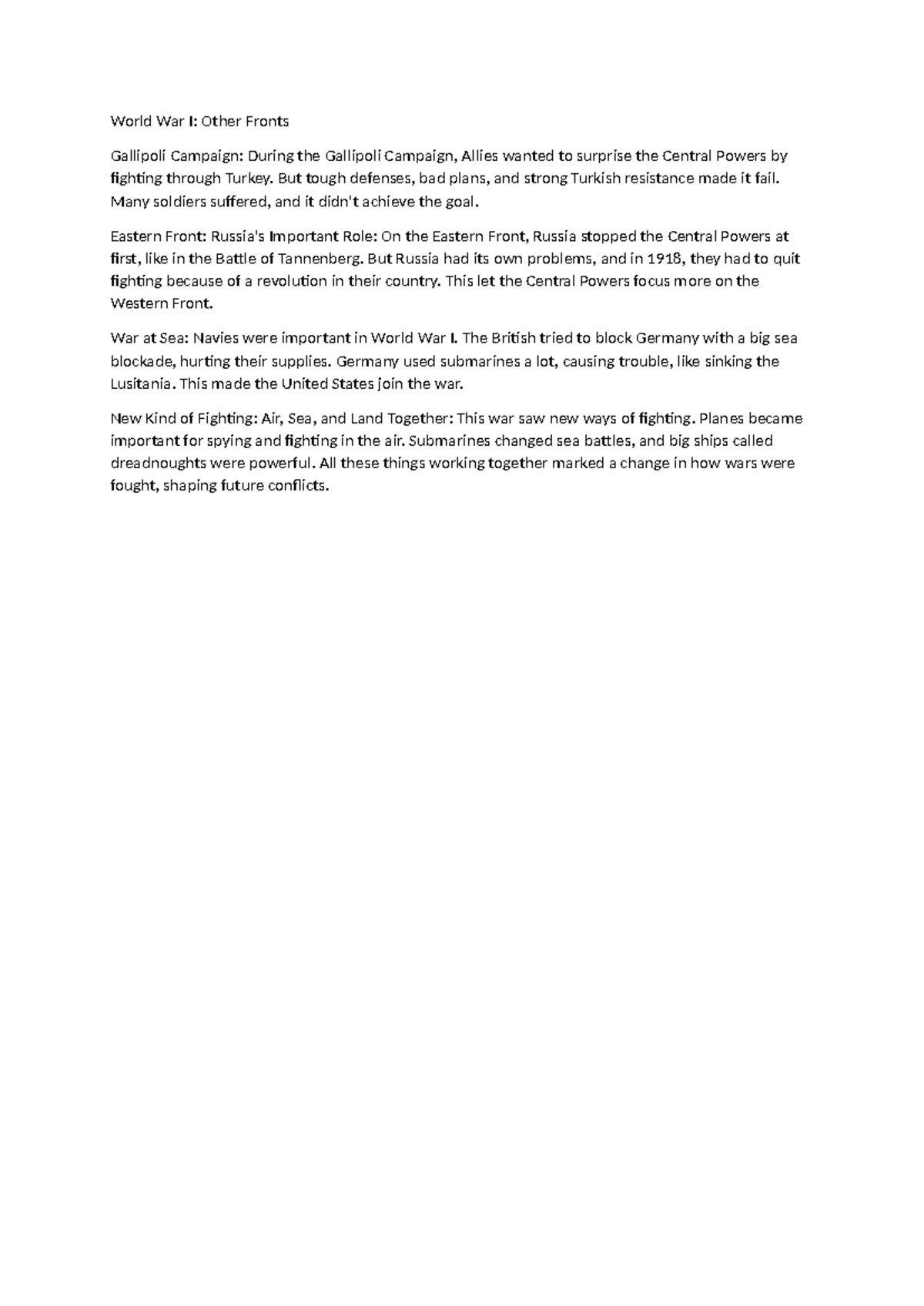 World War I: Other Fronts Analysis and Key Events - Studeersnel