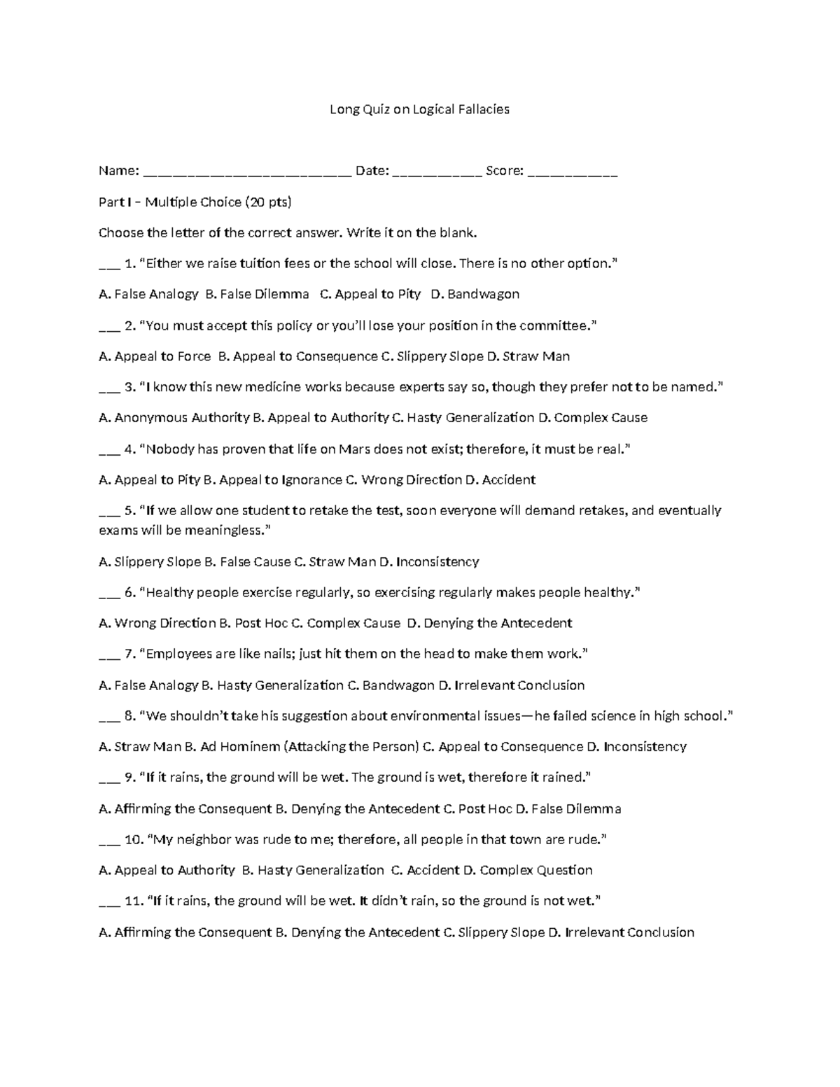 Long Quiz on Logical Fallacies (Course Code: LGL101) - Studocu