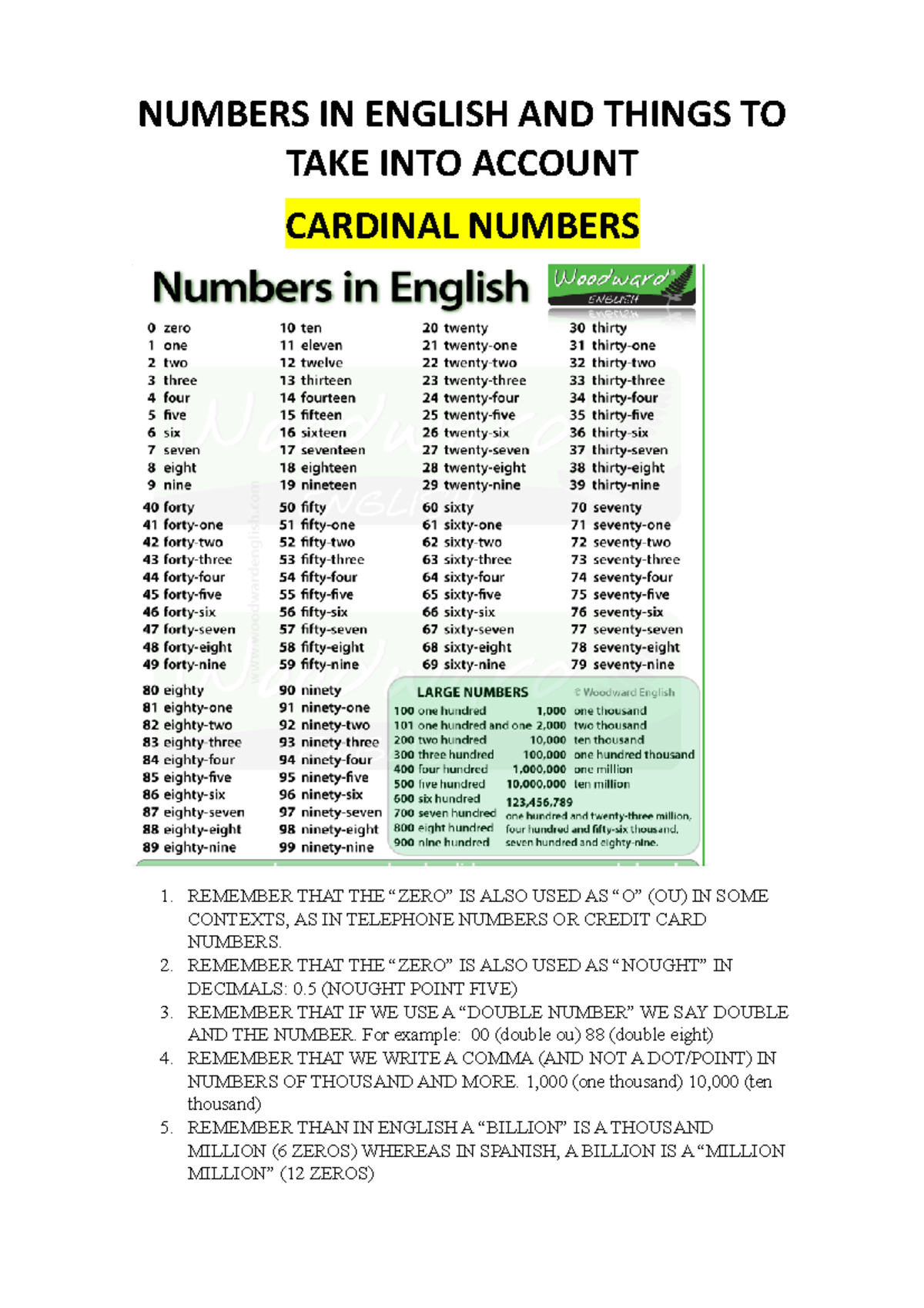 Numbers IN English AND Things TO TAKE INTO Account - NUMBERS IN ENGLISH ...