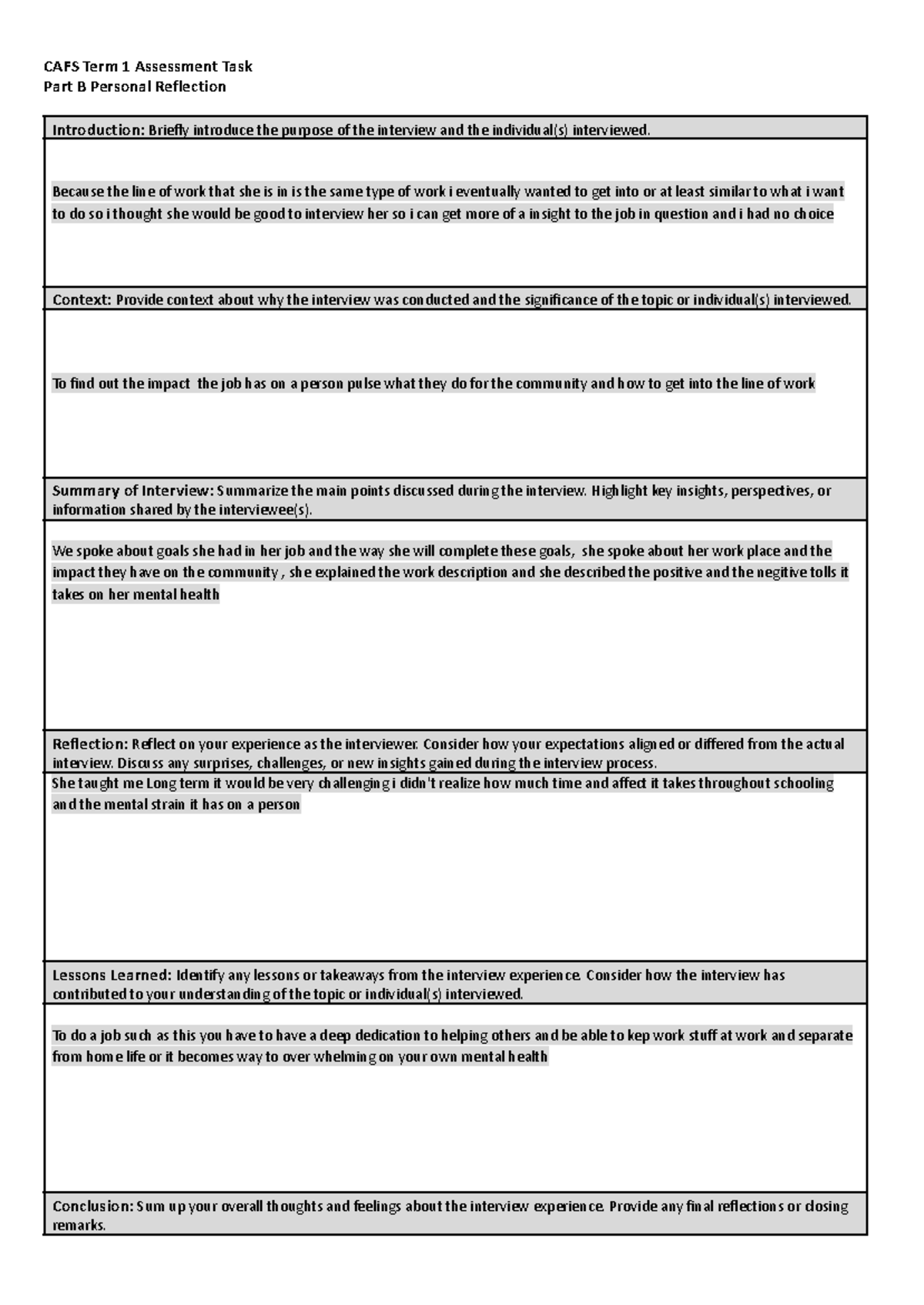 CAFS Term 1 Assessment Task B: Personal Reflection on Interview ...