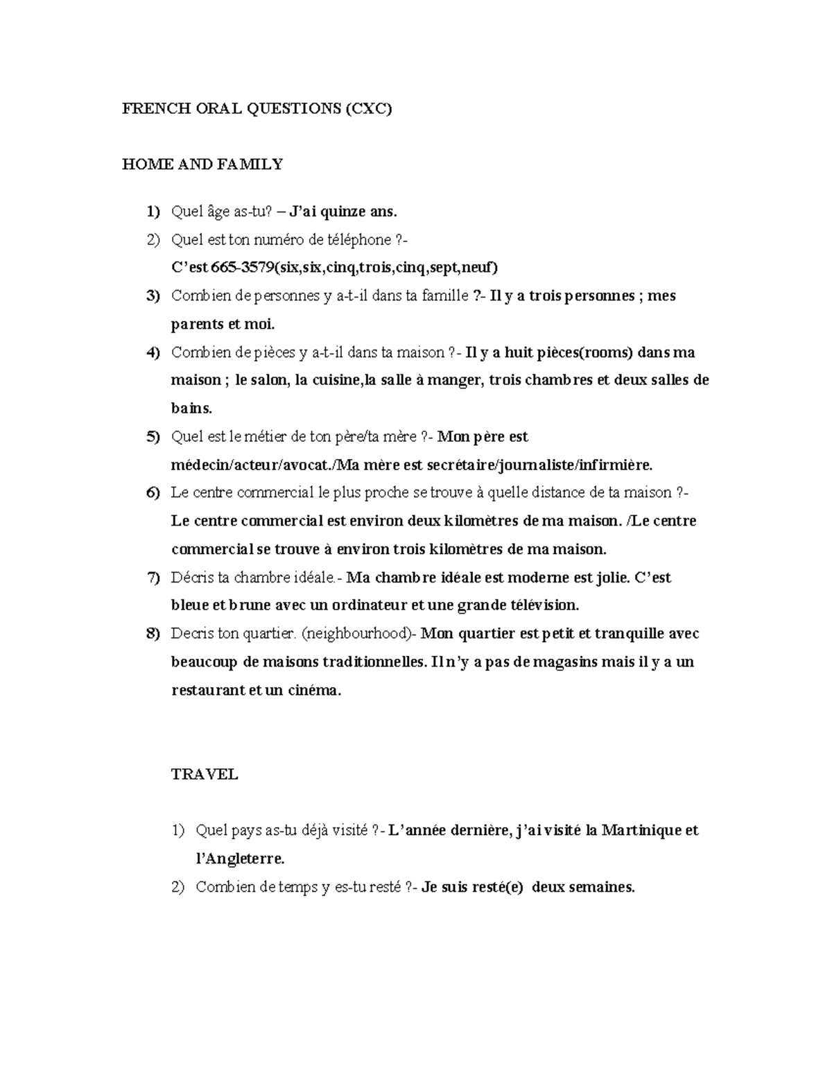 Commonly asked CSEC French oral questions - FRENCH ORAL QUESTIONS (CXC ...