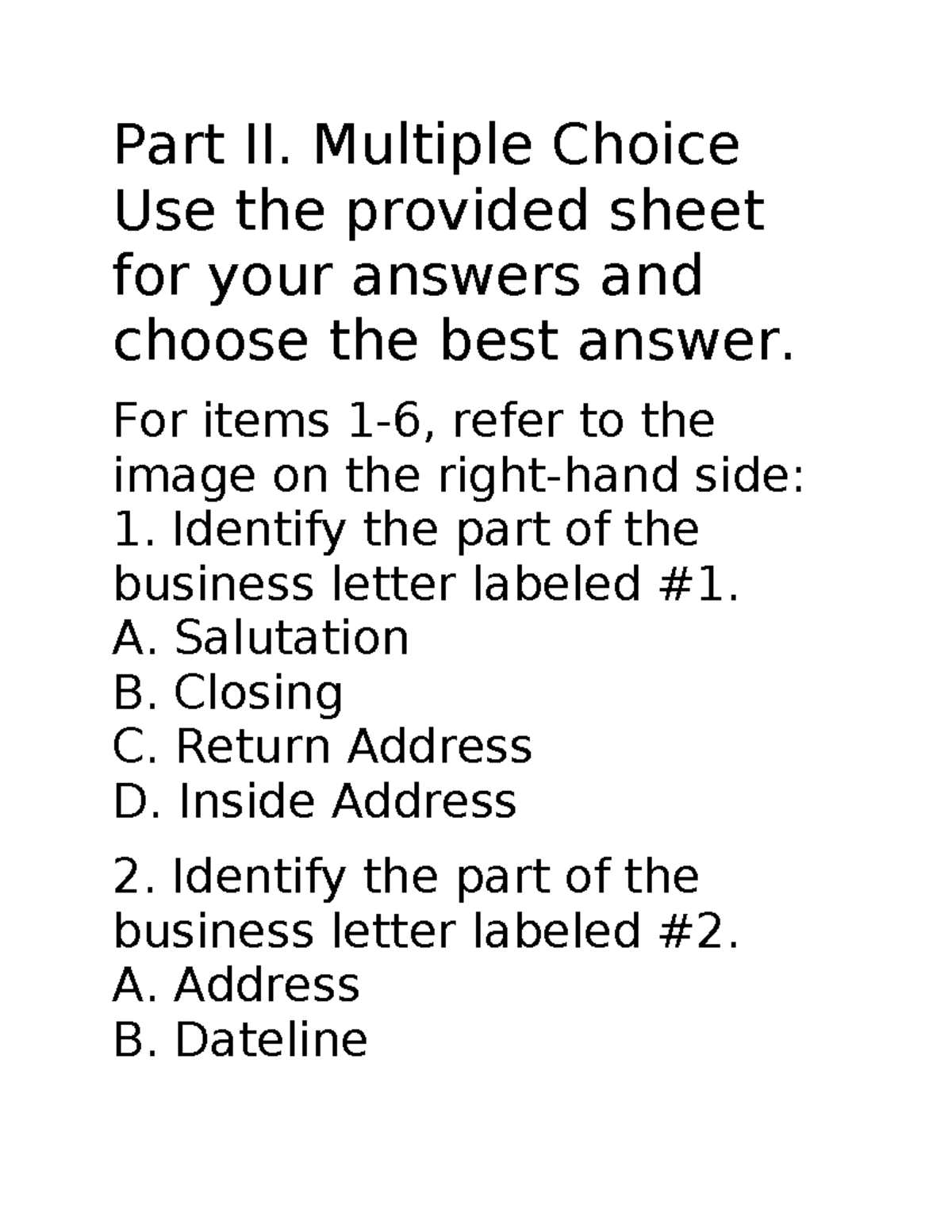 BUS 101 Test: Business Letter Components & Identification Quiz - Studocu