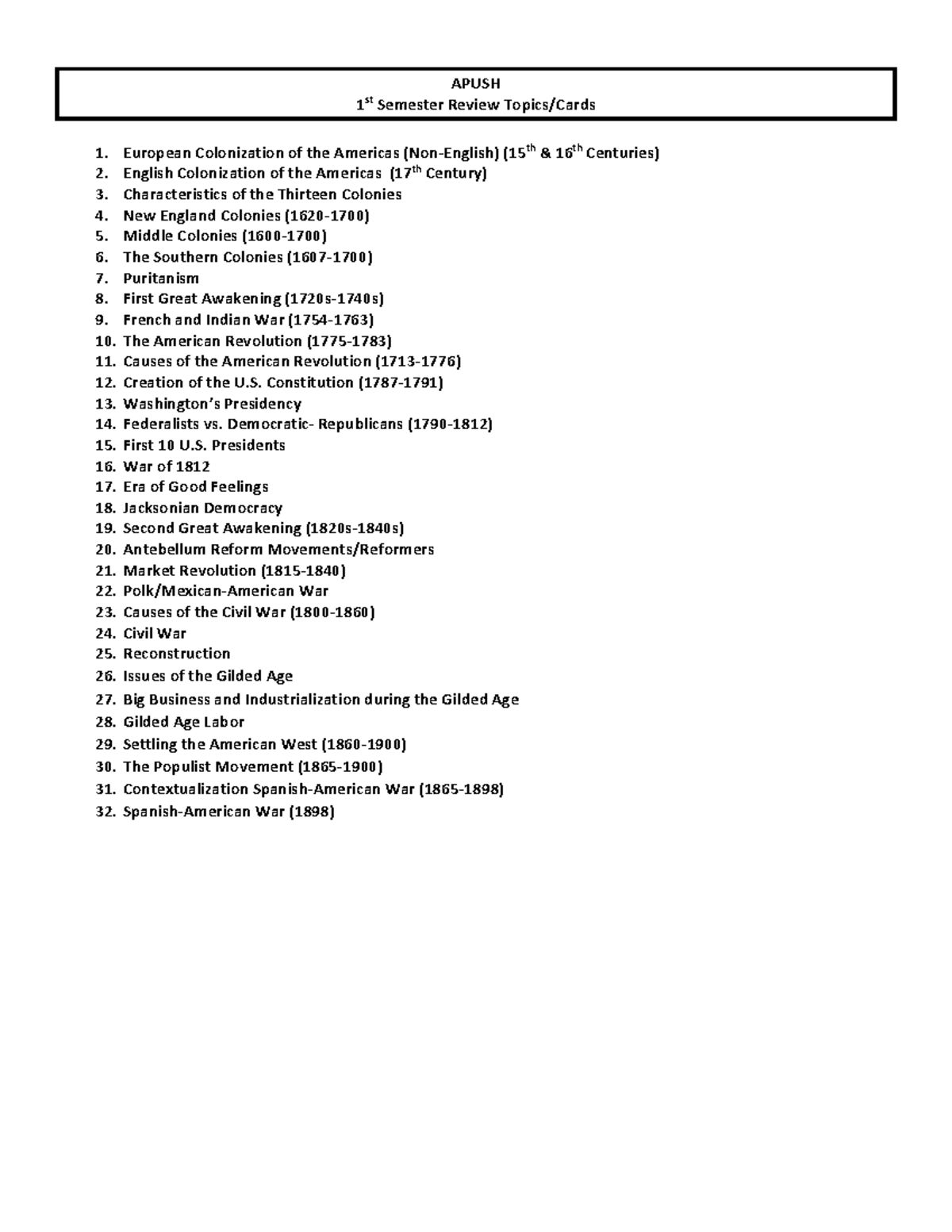 APUSH 1st Sem Review: Key Topics for Study Cards - Studocu