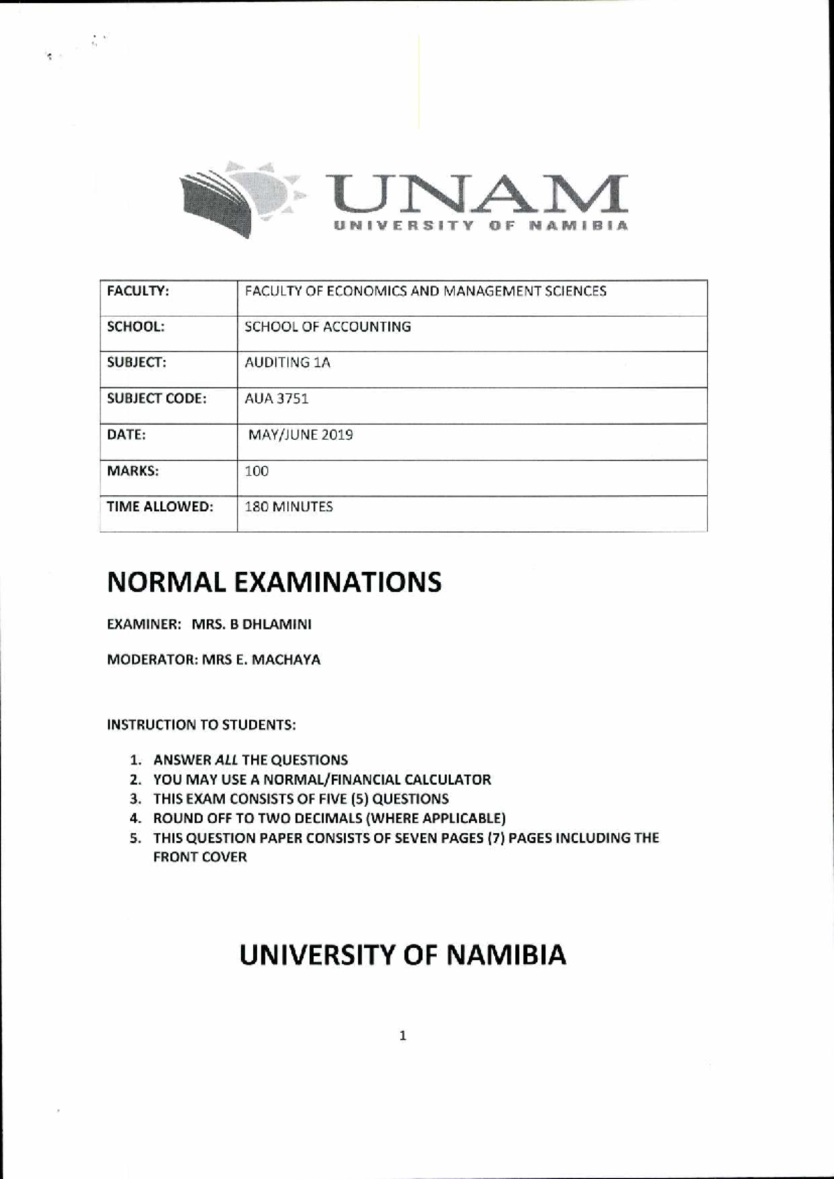 AUA 3751 Auditing 1A: June 2019 Normal Exam Question Paper - Studocu