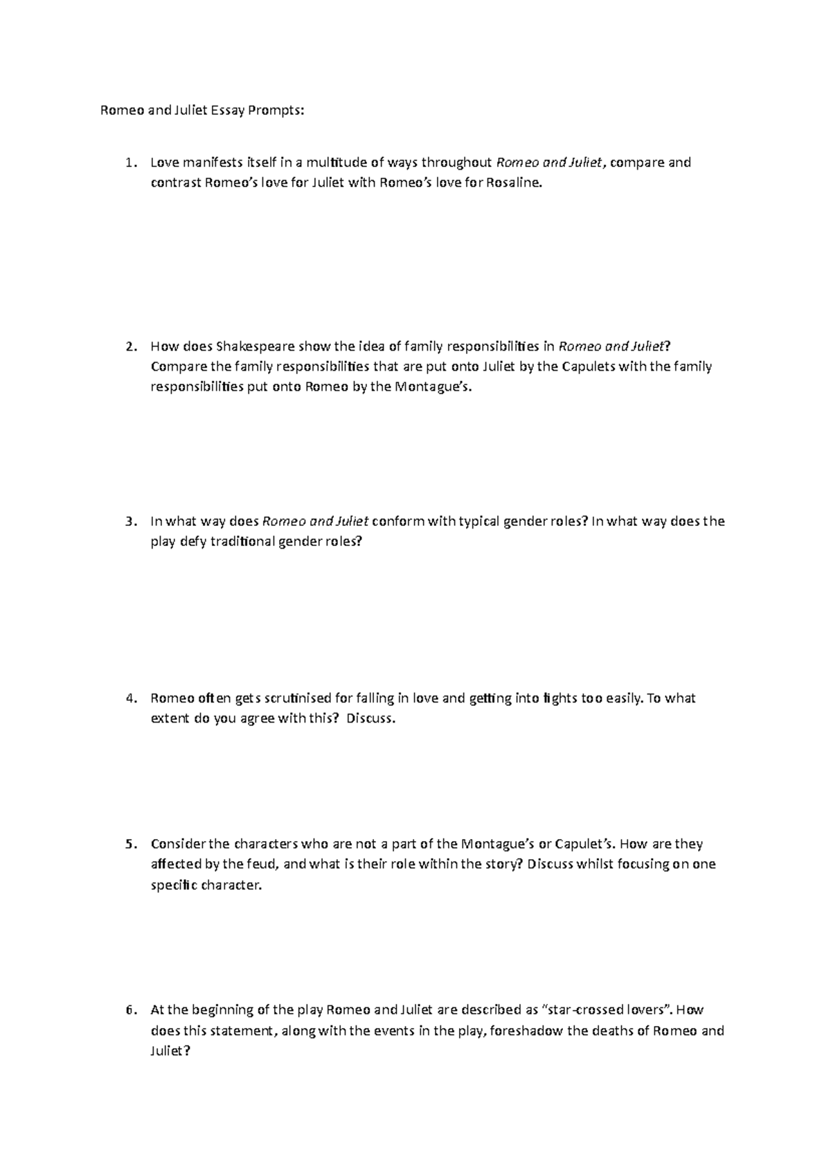ENG 201: Romeo and Juliet Essay Prompts and Analysis Questions - Studocu