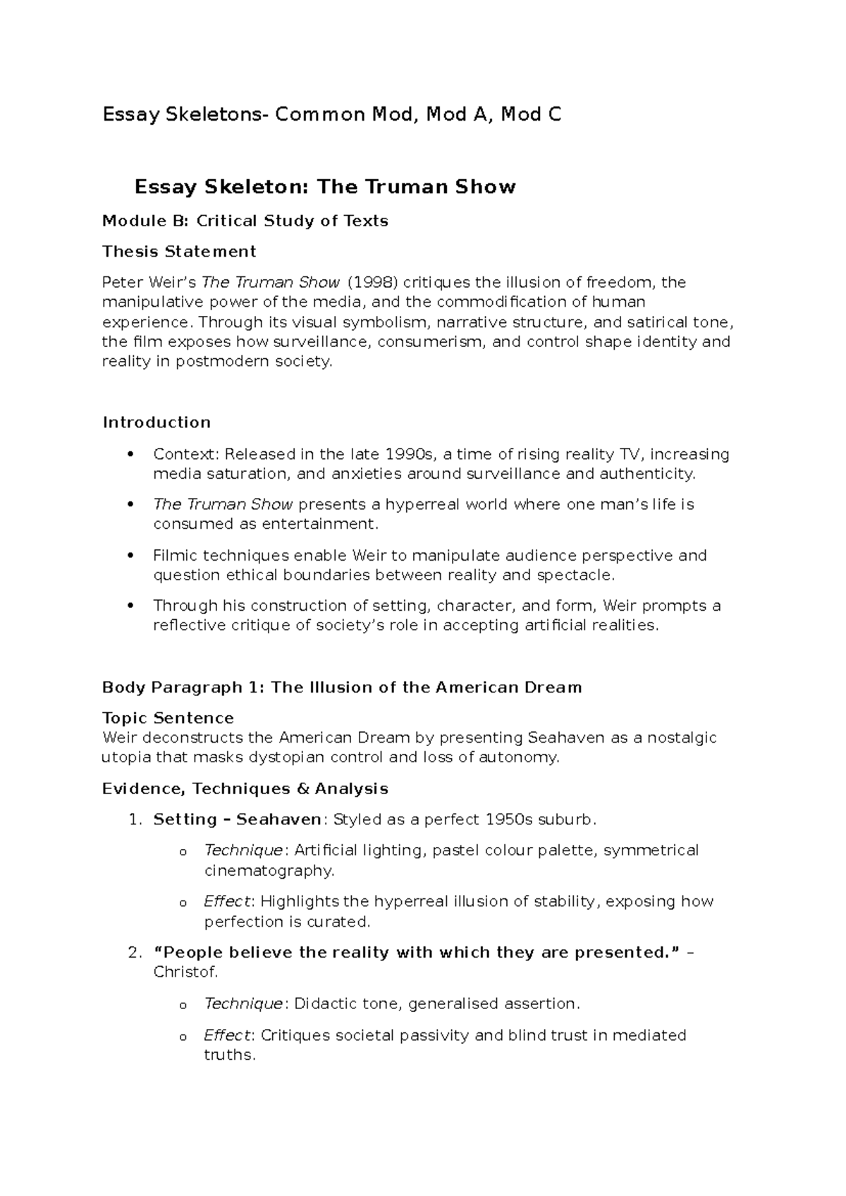 Essay Skeletons: Common Module, Mod A, Mod C Analysis of "The Truman ...