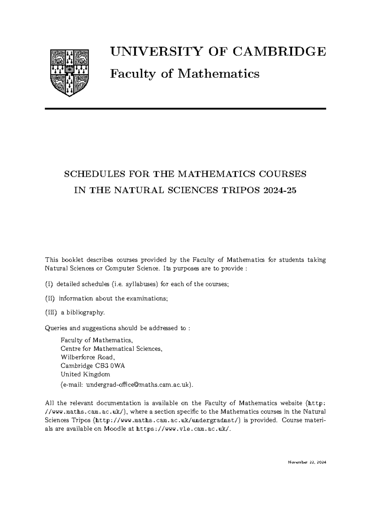 Mathematics Course Schedules for Natural Sciences Tripos (NST) - Studocu