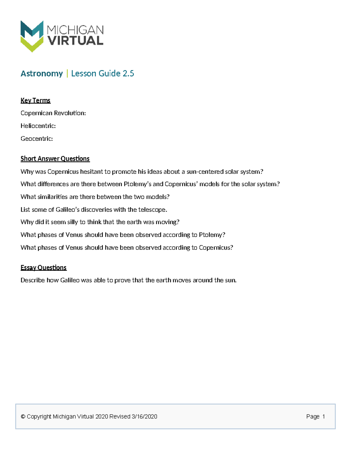 Astronomy 2.5 Lesson Guide: Exploring Copernicus and Galileo's Theories ...