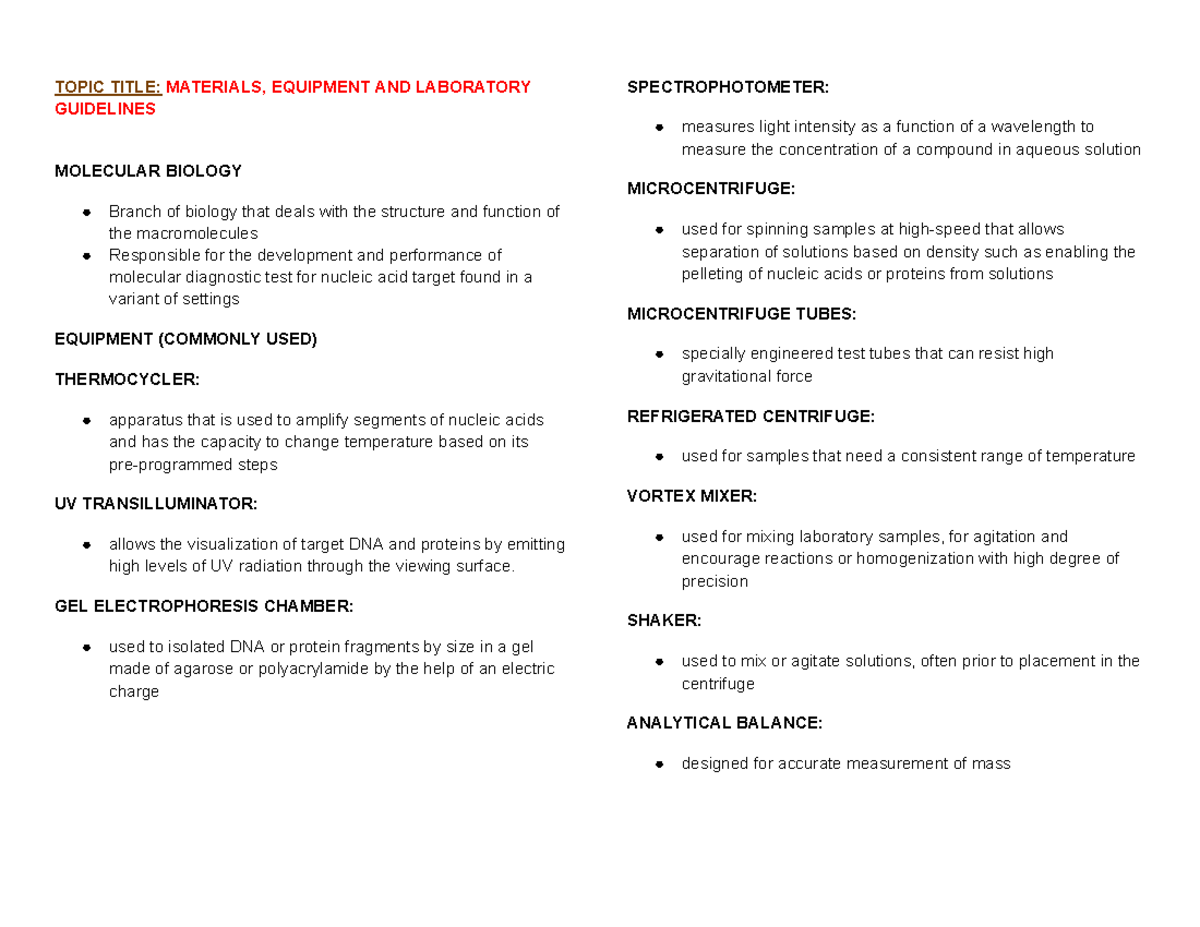 Molecular Biology Lab Equipment & Guidelines (MB 101) - Studocu