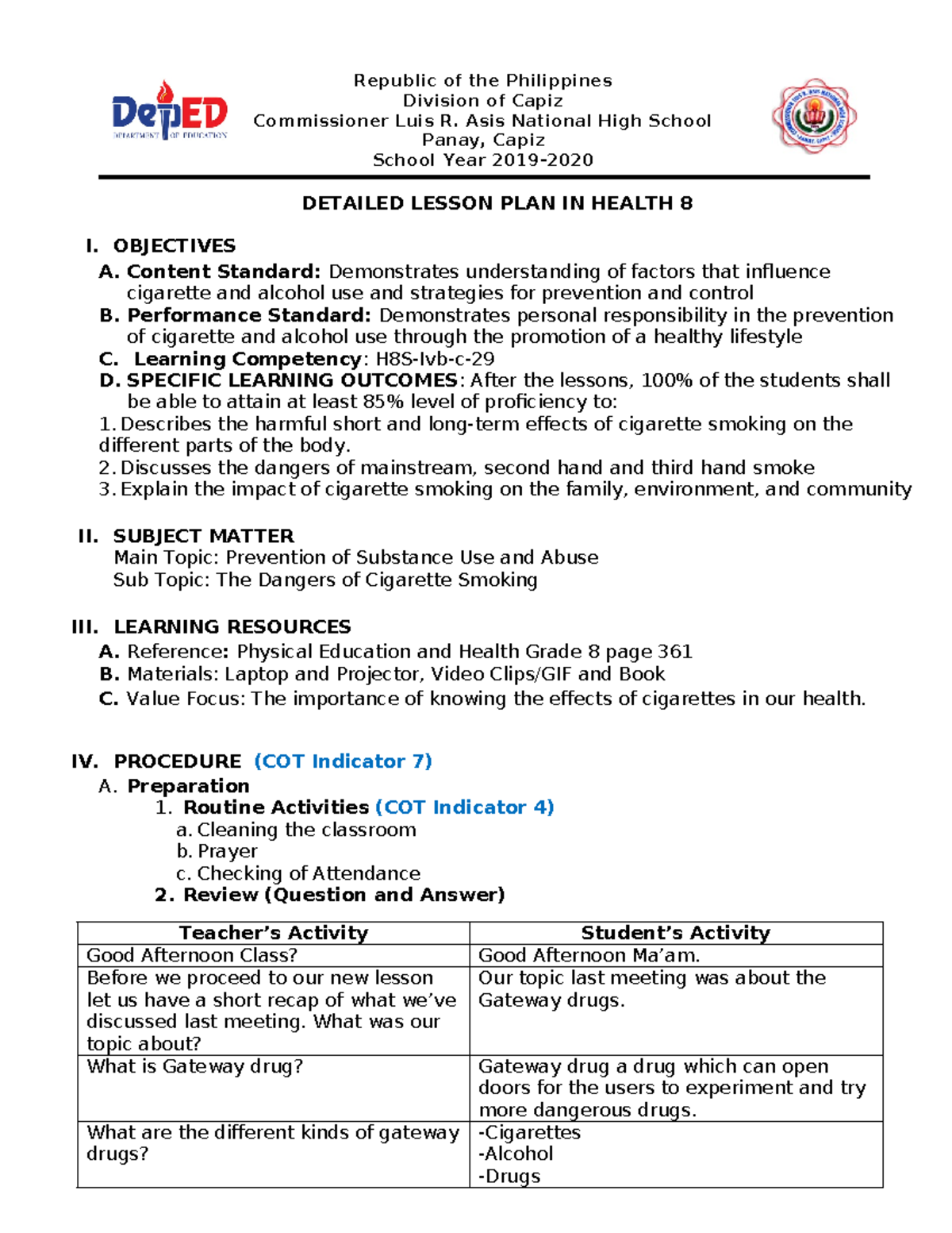 COT Health 8: Detailed Lesson Plan on Cigarette Smoking Dangers - Studocu