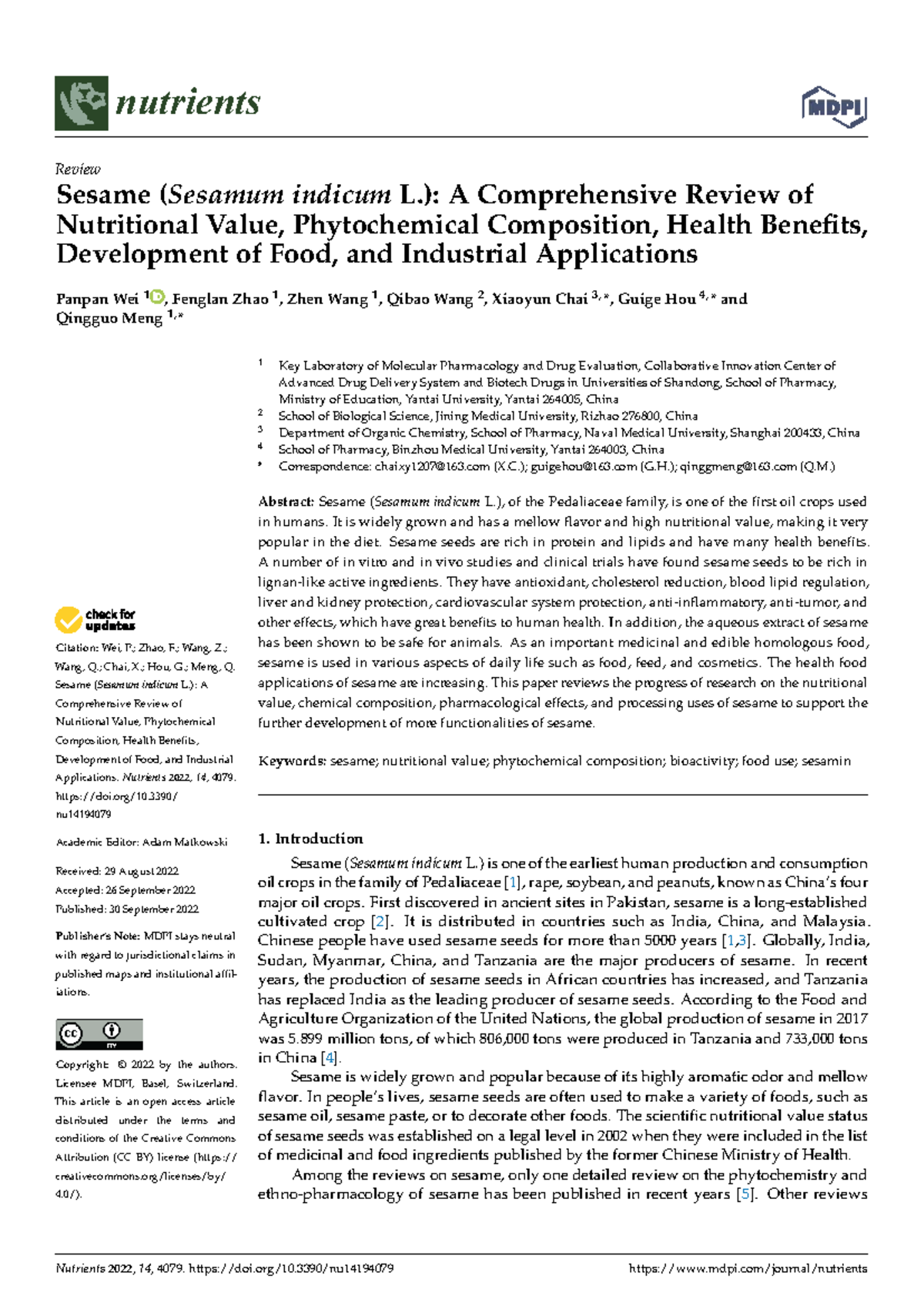 Nutrients Review: Sesame (Sesamum indicum L.) - Nutritional Value ...