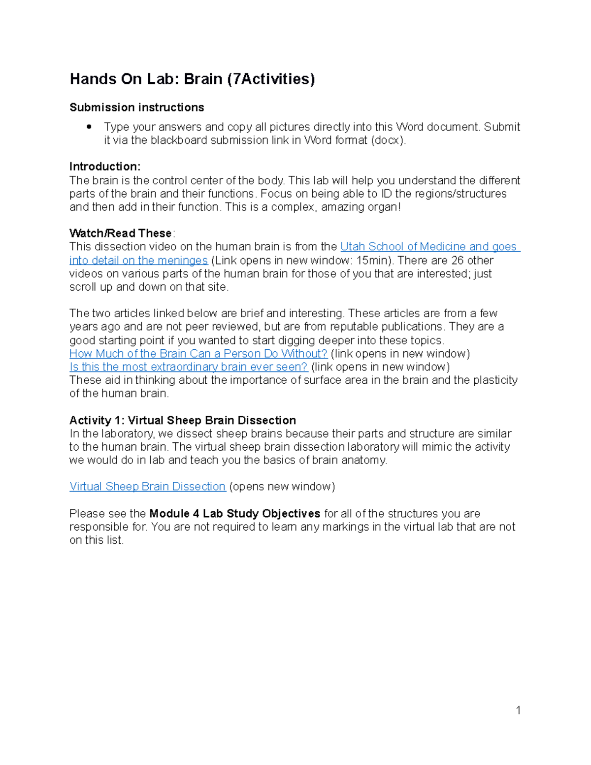 Lab 8: Brain Anatomy and Functions - Hands-On Activities - Studocu