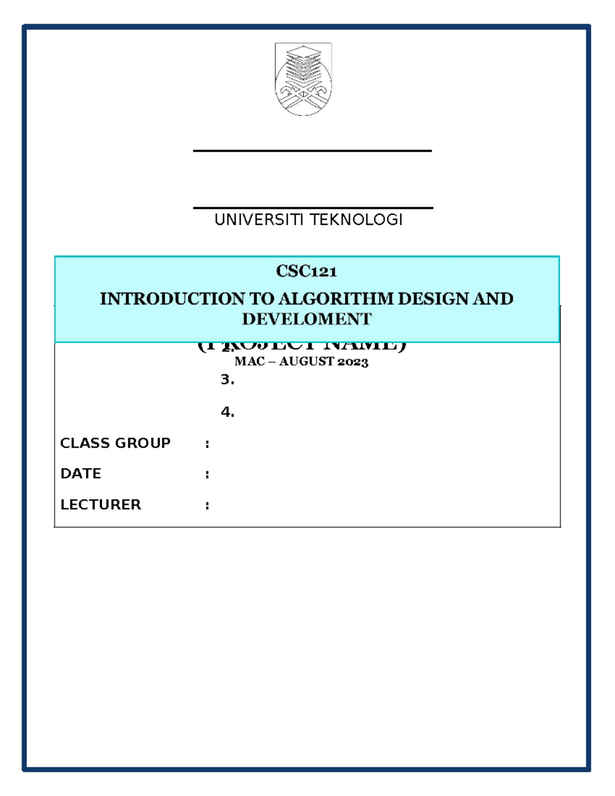 CSC121 Project Proposal Report Template and Scoring Rubrics - Studocu