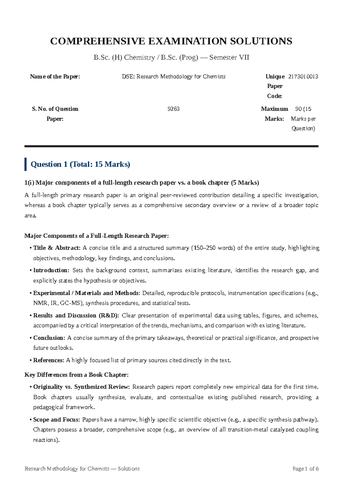 Research Methodology for Chemists Exam Solutions - B.Sc. (H) Chemistry ...
