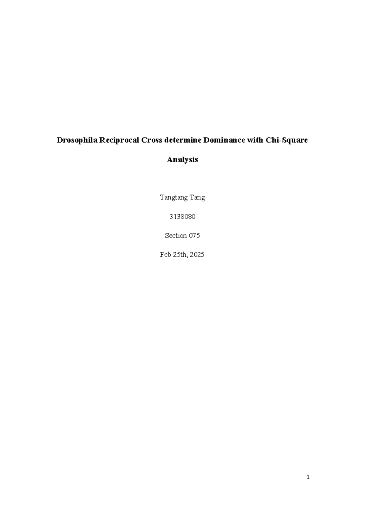 Drosophila Reciprocal Cross Analysis of Dominance in Genetics (BIO ...