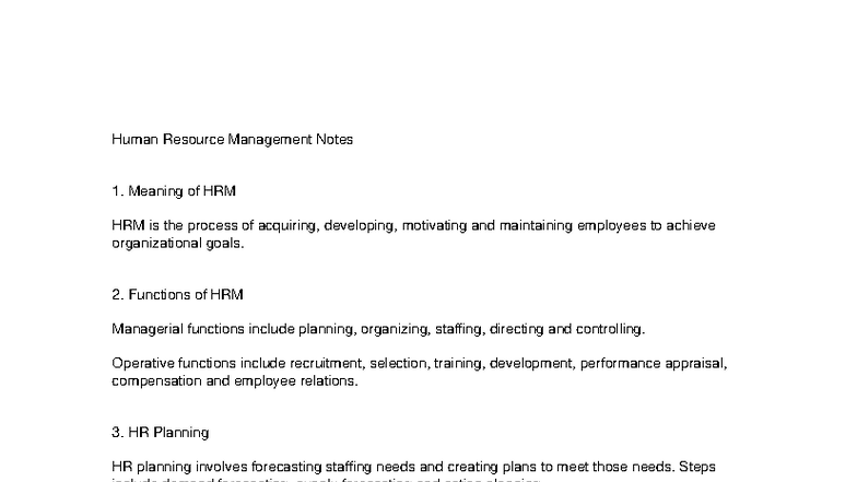 HRM 101: Comprehensive Notes on Human Resource Management - Studocu