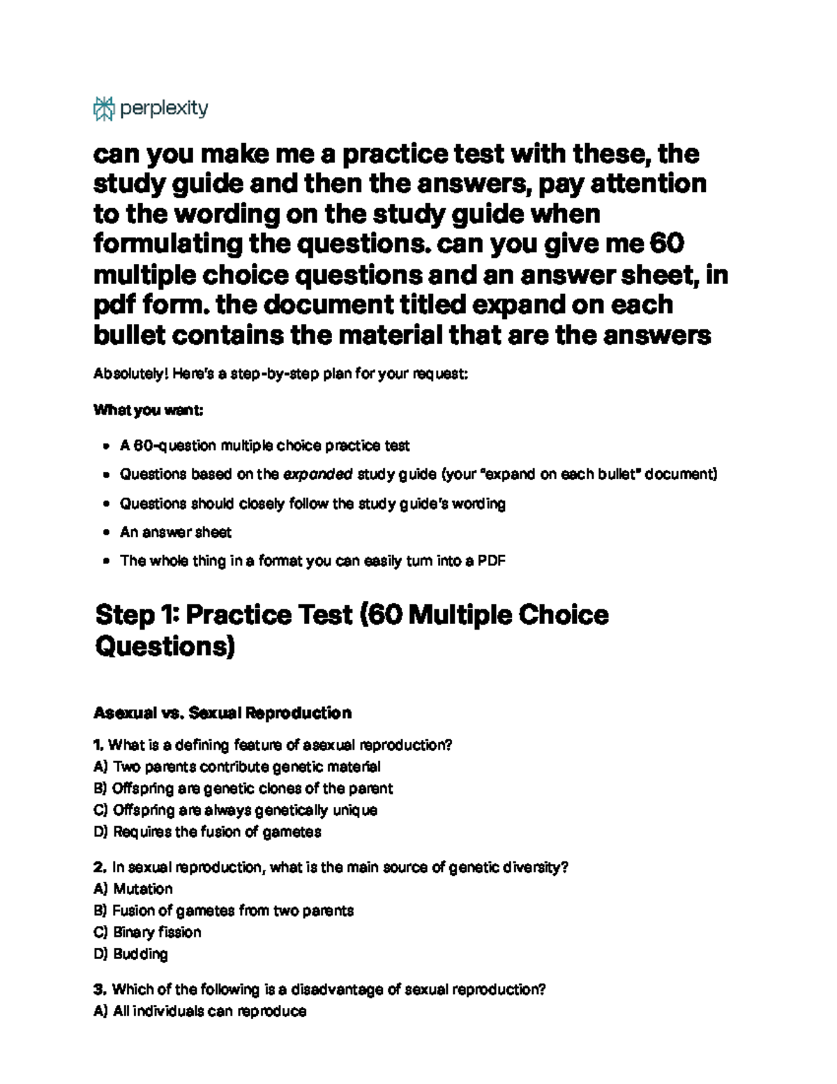 Practice Test on Sexual and Asexual Reproduction (BIO101) - 60 MCQs ...