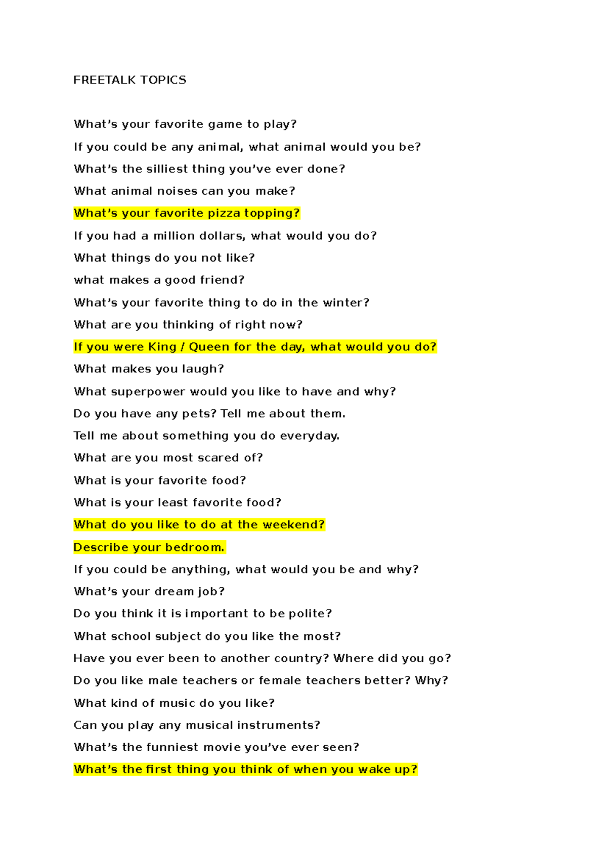 FREETALK Topics for Engaging Conversations and Discussions - Studocu