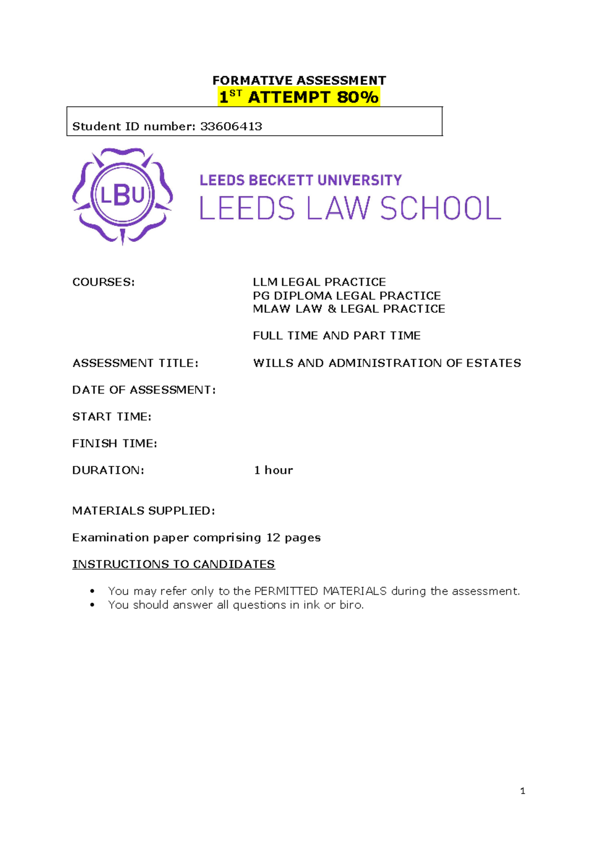 LLM 1: Wills and Administration of Estates Formative Assessment - Studocu