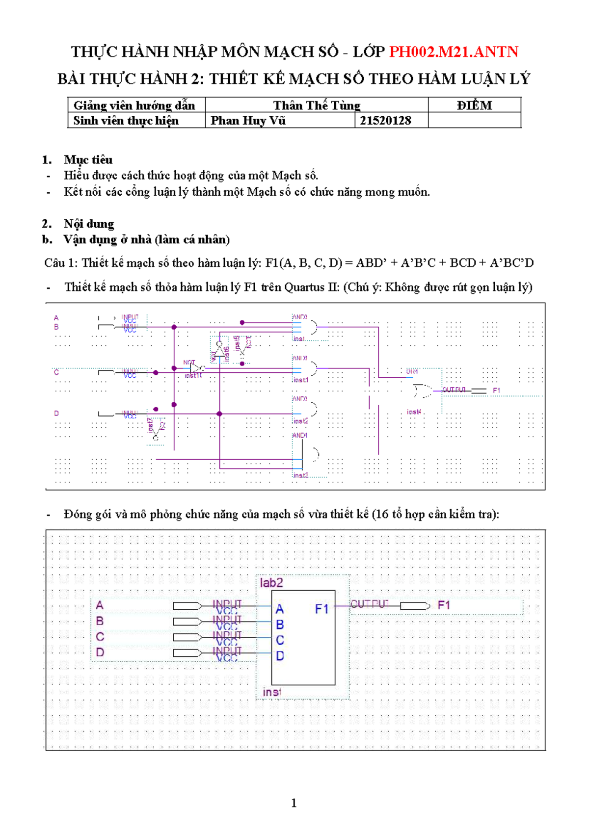 THỰC HÀNH MẠCH SỐ PH002.M21.ANTN BÀI THỰC HÀNH 2: THIẾT KẾ MẠCH SỐ ...