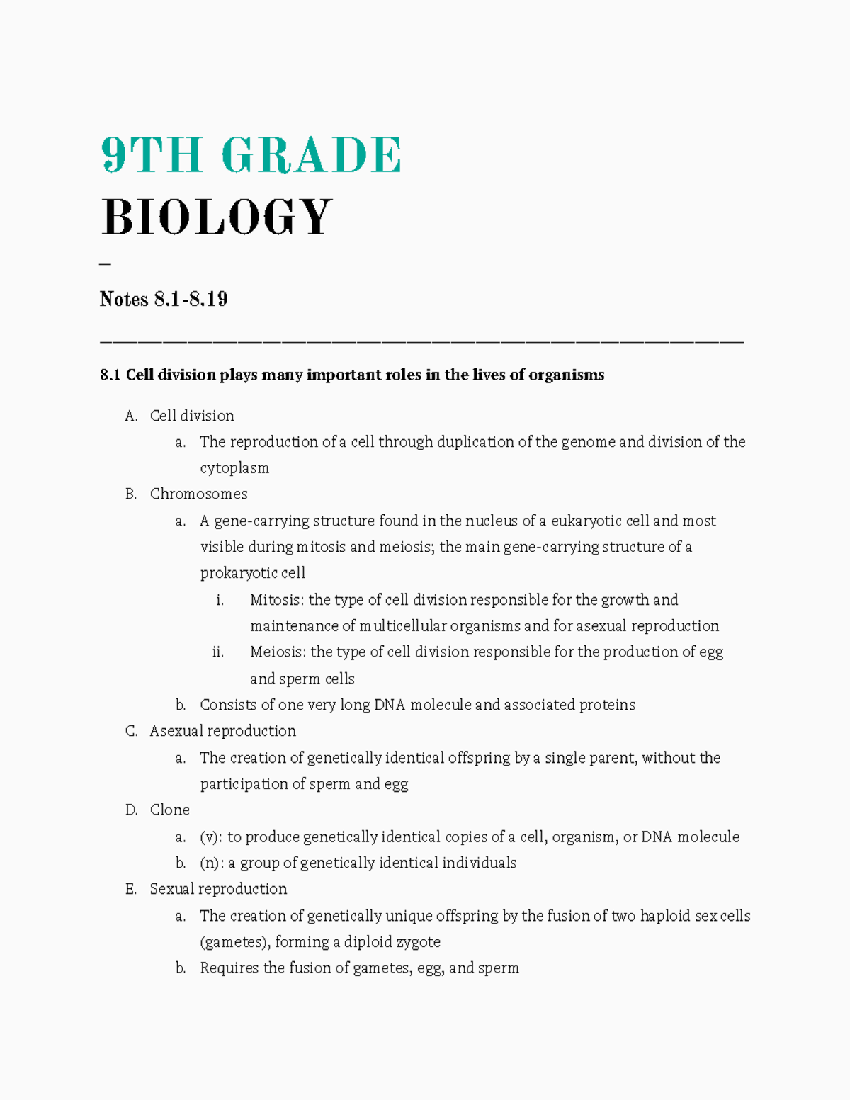 Bio Notes Ch 8 - Cell Division & Its Importance in Organisms - Studocu