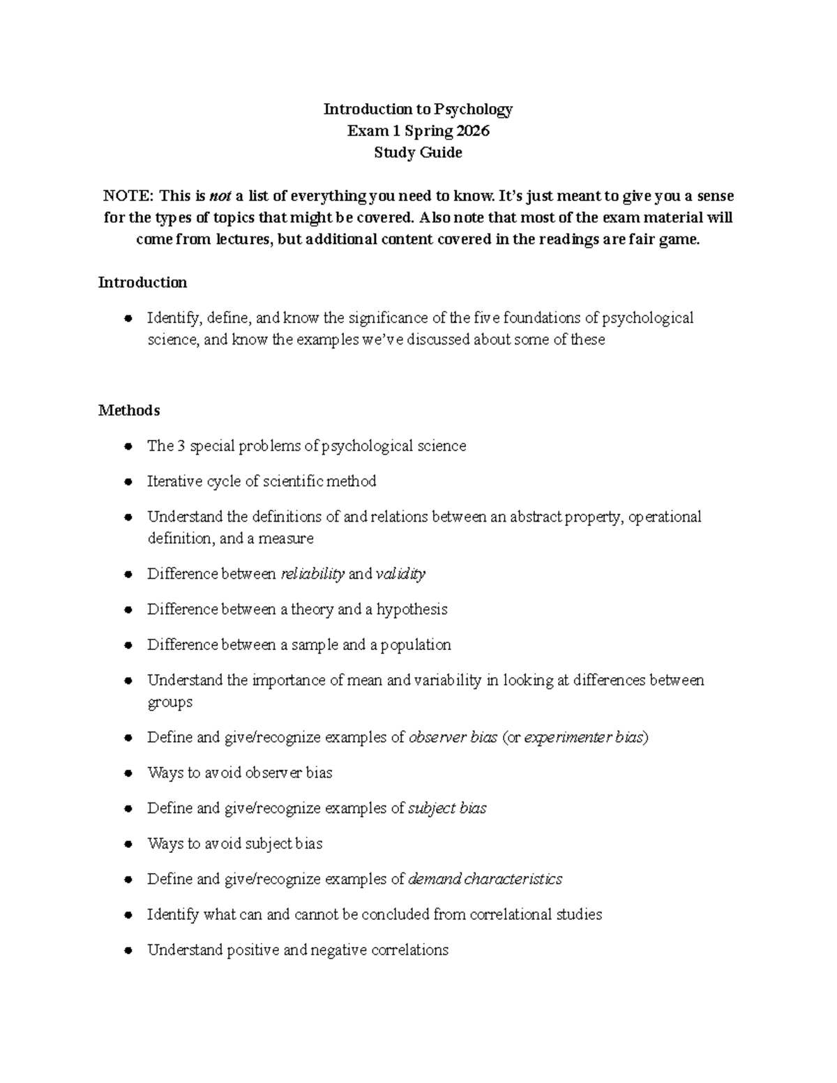 PSY 101: Introduction to Psychology Exam 1 Study Guide Spring 2026 ...