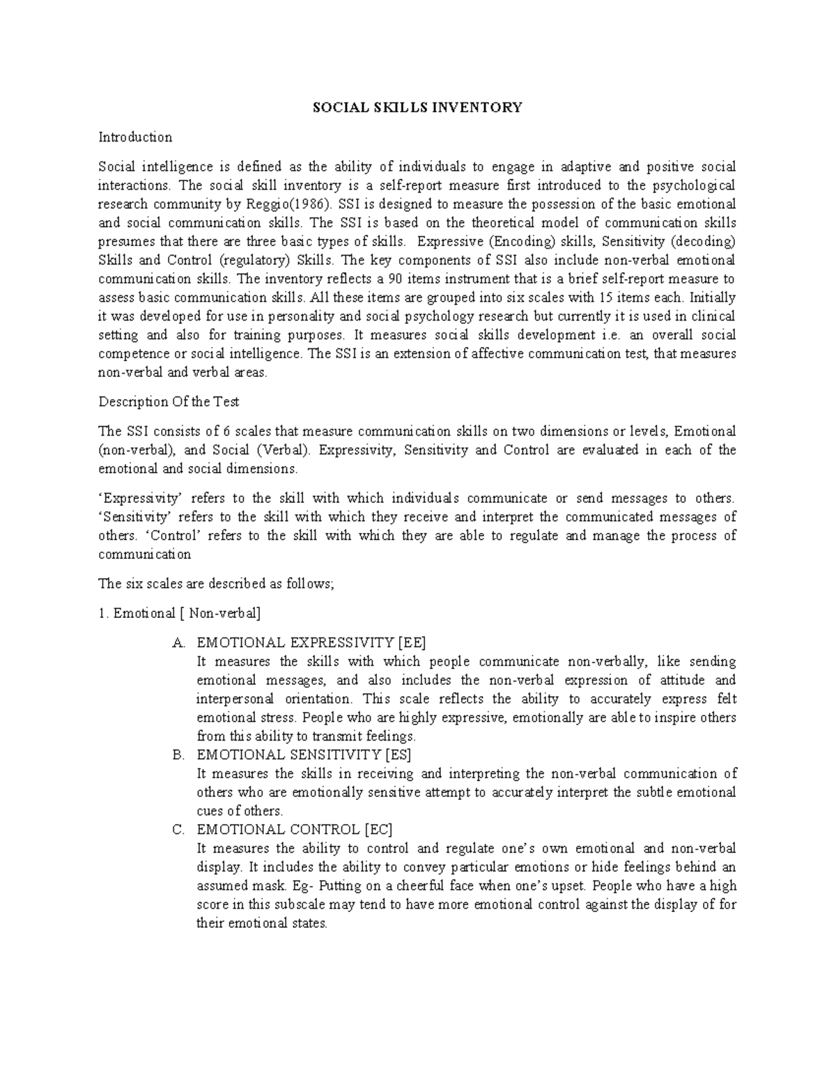 SOCIAL SKILLS INVENTORY (SSI) Overview and Applications in Psychology ...