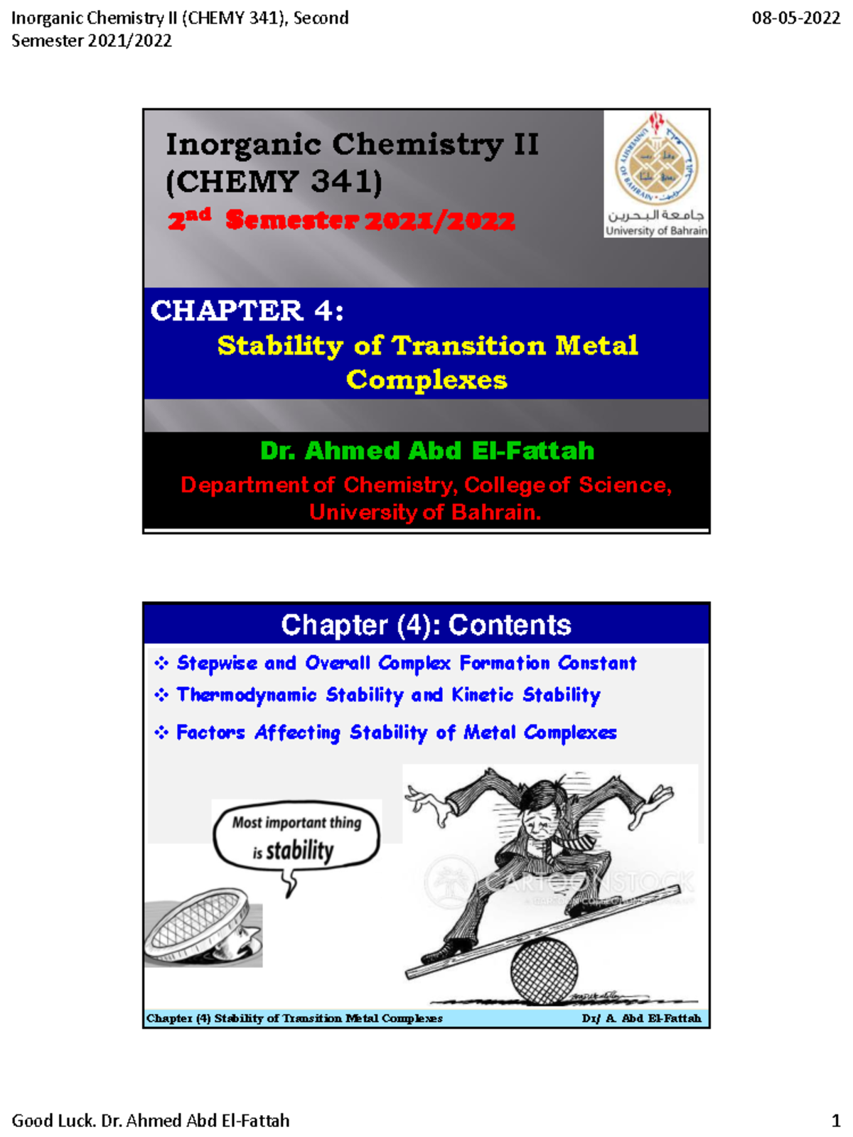 Chapter 4: Stability of Transition Metal Complexes (CHEMY 341) - Studocu