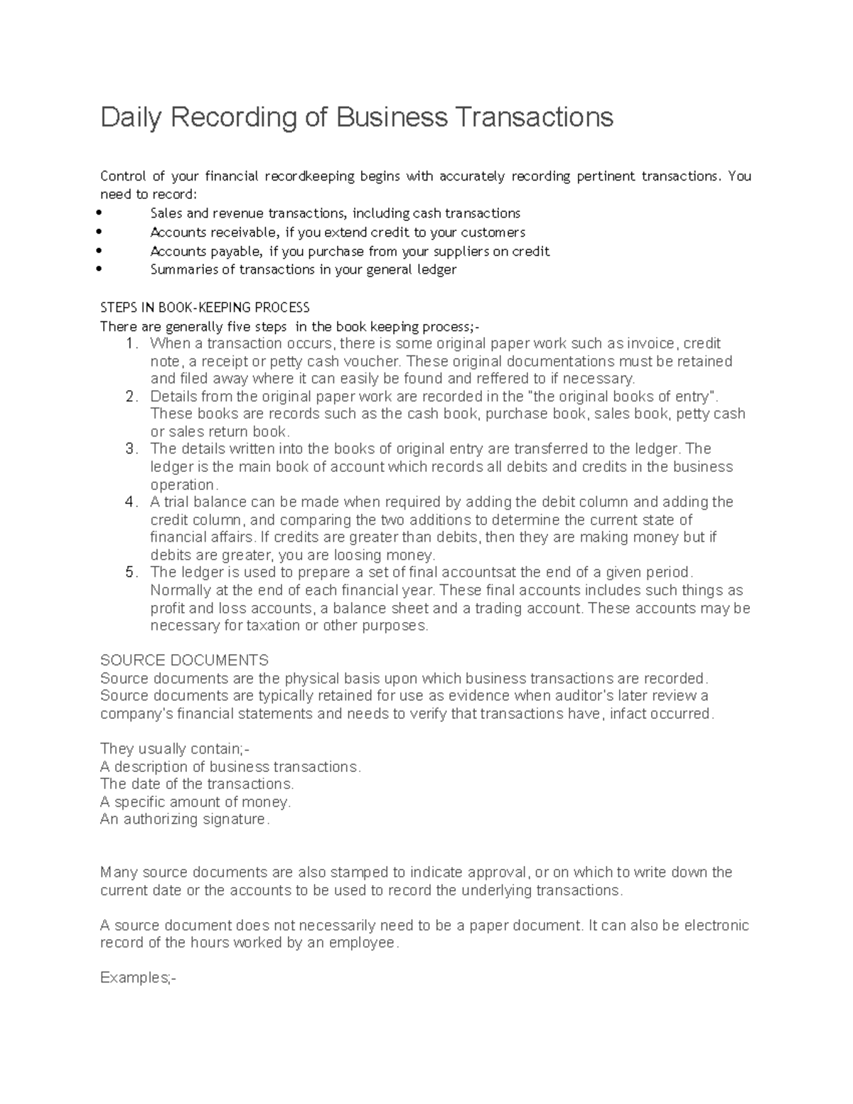 Daily Recording of Business Transactions - You need to record: Sales ...