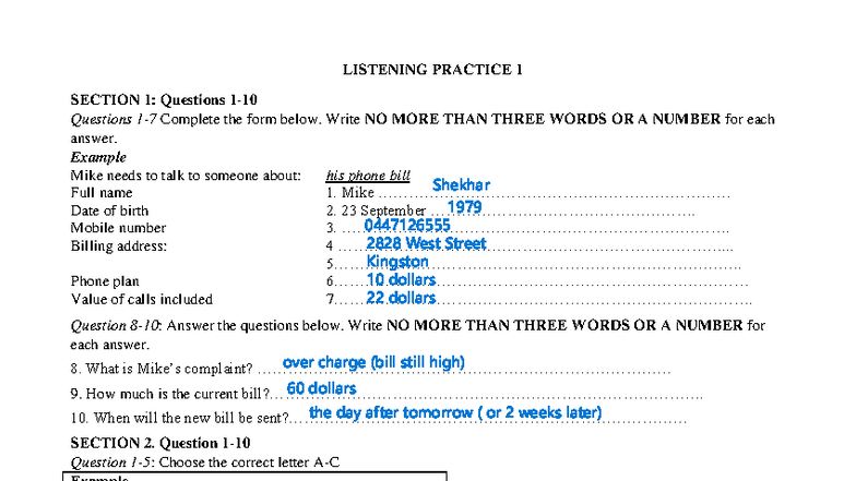 Listening Practice 1 - Học (Questions & Answers) - Studocu