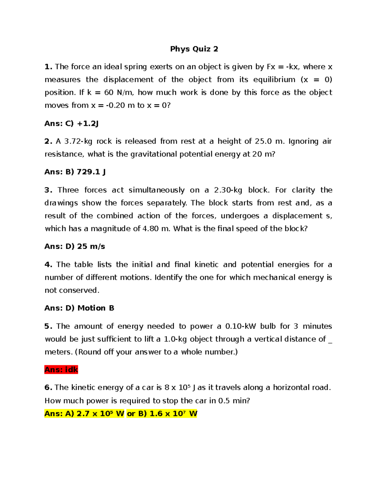 Phys 2 Quiz - Work, Energy, and Motion Problems - Studocu