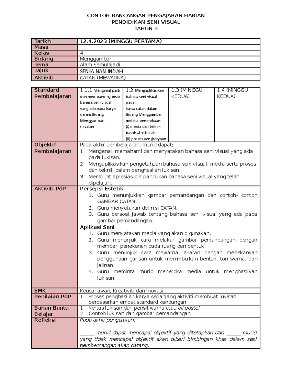 RPH Pendidikan Seni Visual Tahun 4: Aktiviti Catan Senja Nan Indah ...