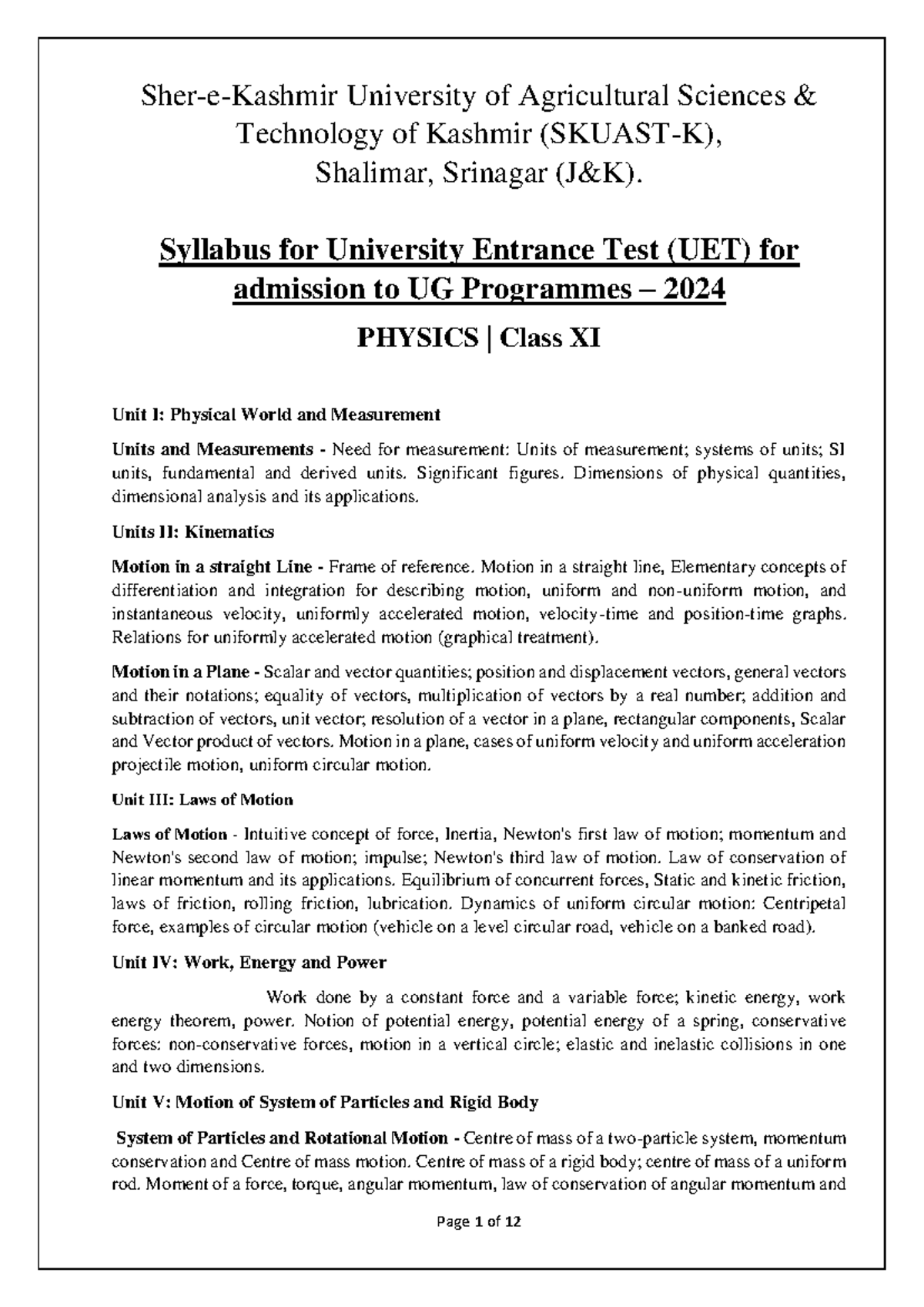 SKUAST UET 2024 Syllabus - Physics and Chemistry Class XI XII - Studocu