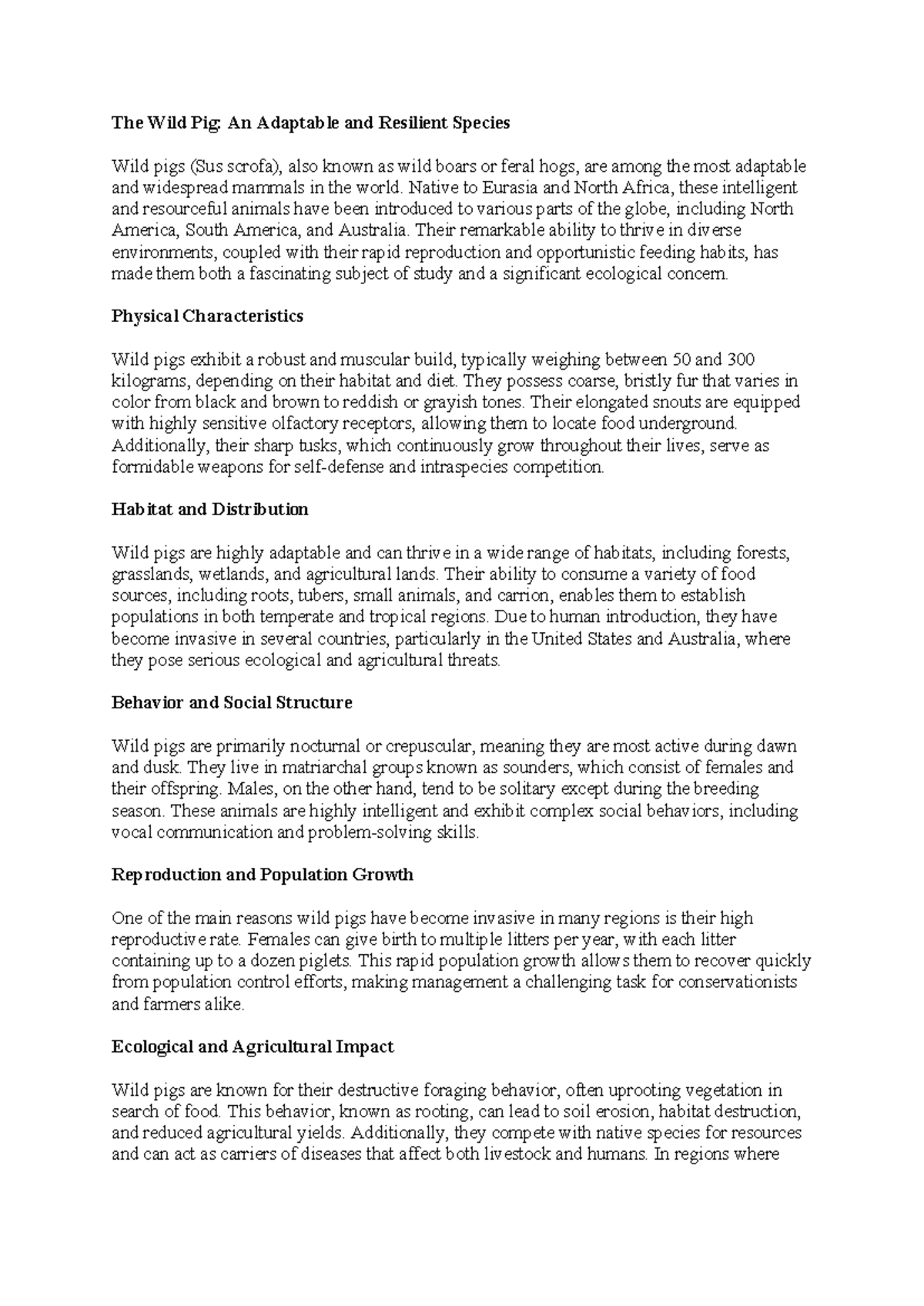 Biodiversity Summary: The Adaptable Wild Pig (Sus scrofa) - Studocu