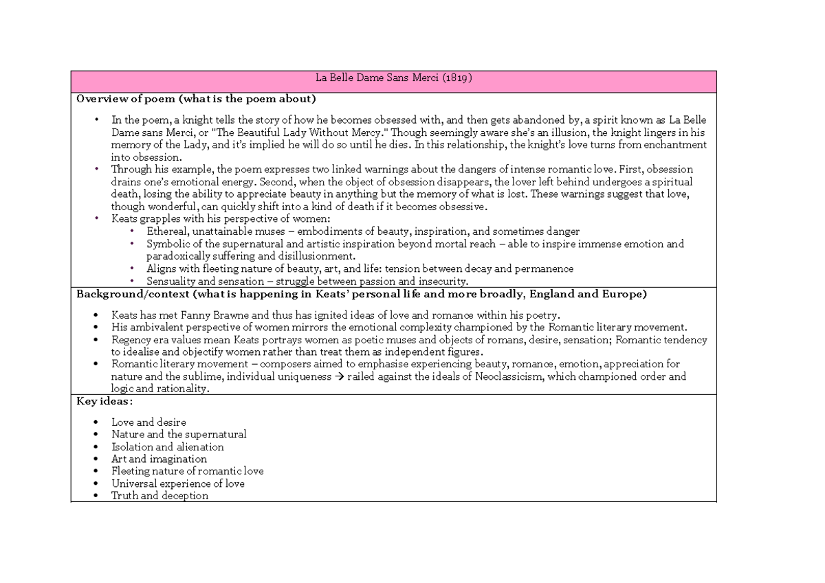 La Belle Dame Sans Merci (1819) Poem Analysis and Themes - Studocu