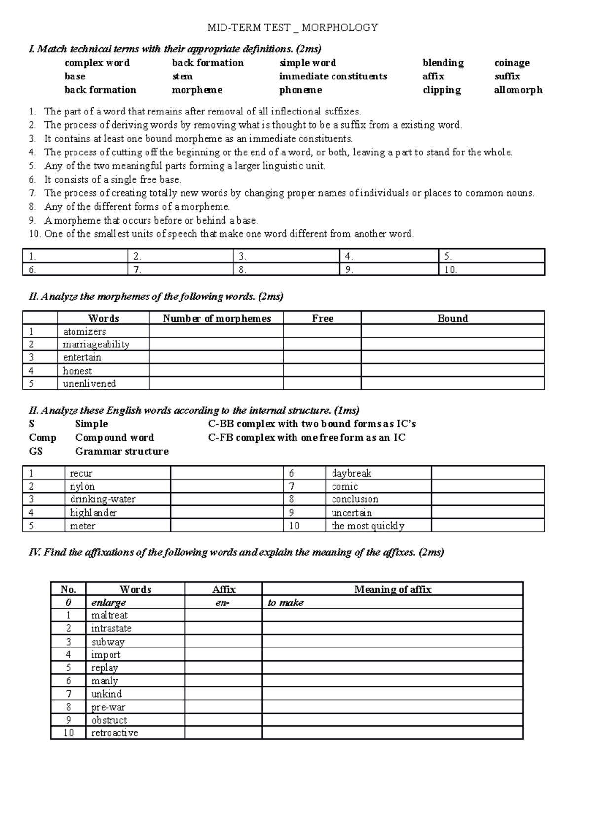 Midterm Tests on Morphology and Syntax (MORPH 101 & 102) - Studocu