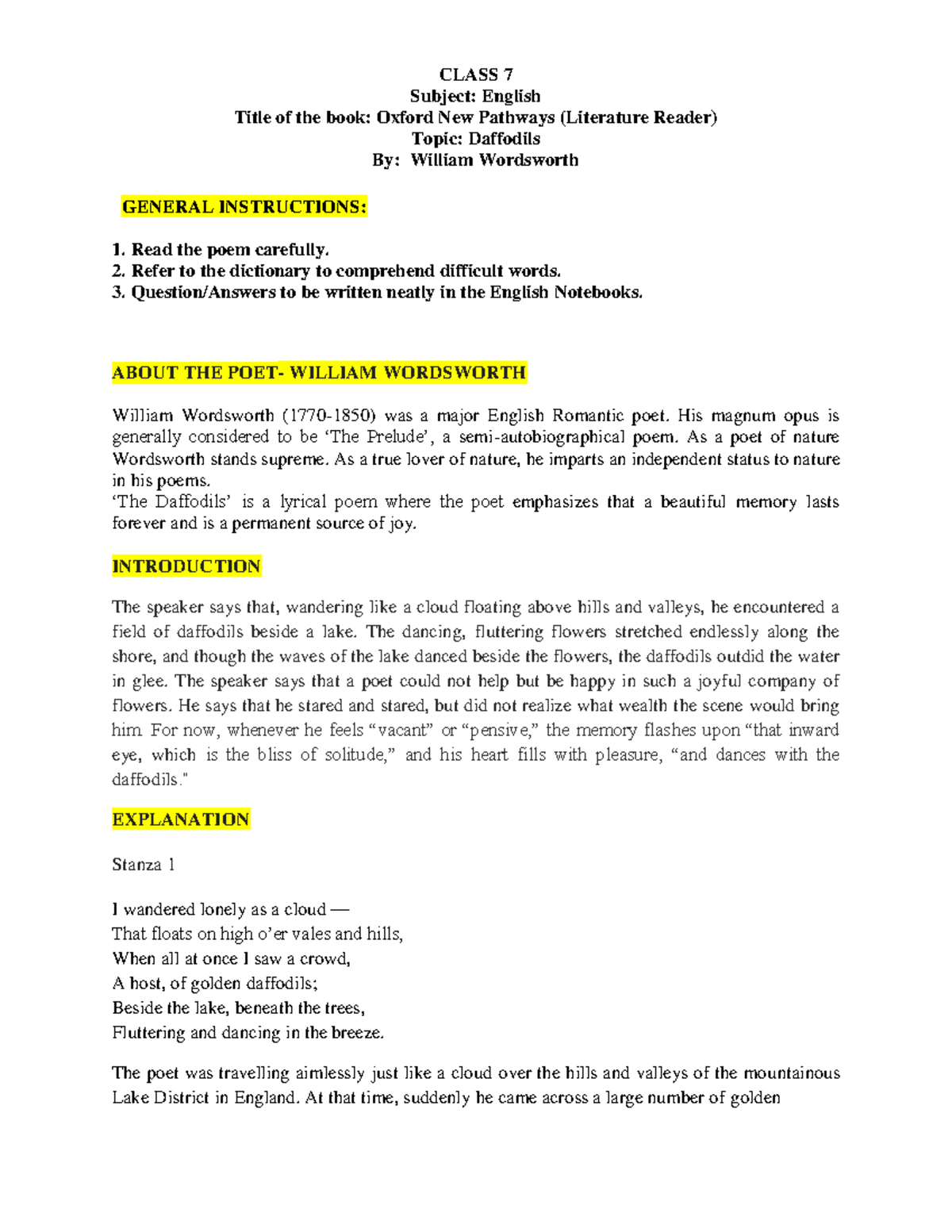 Class 7 English: Daffodils Poem Explanation & Message Writing Notes ...