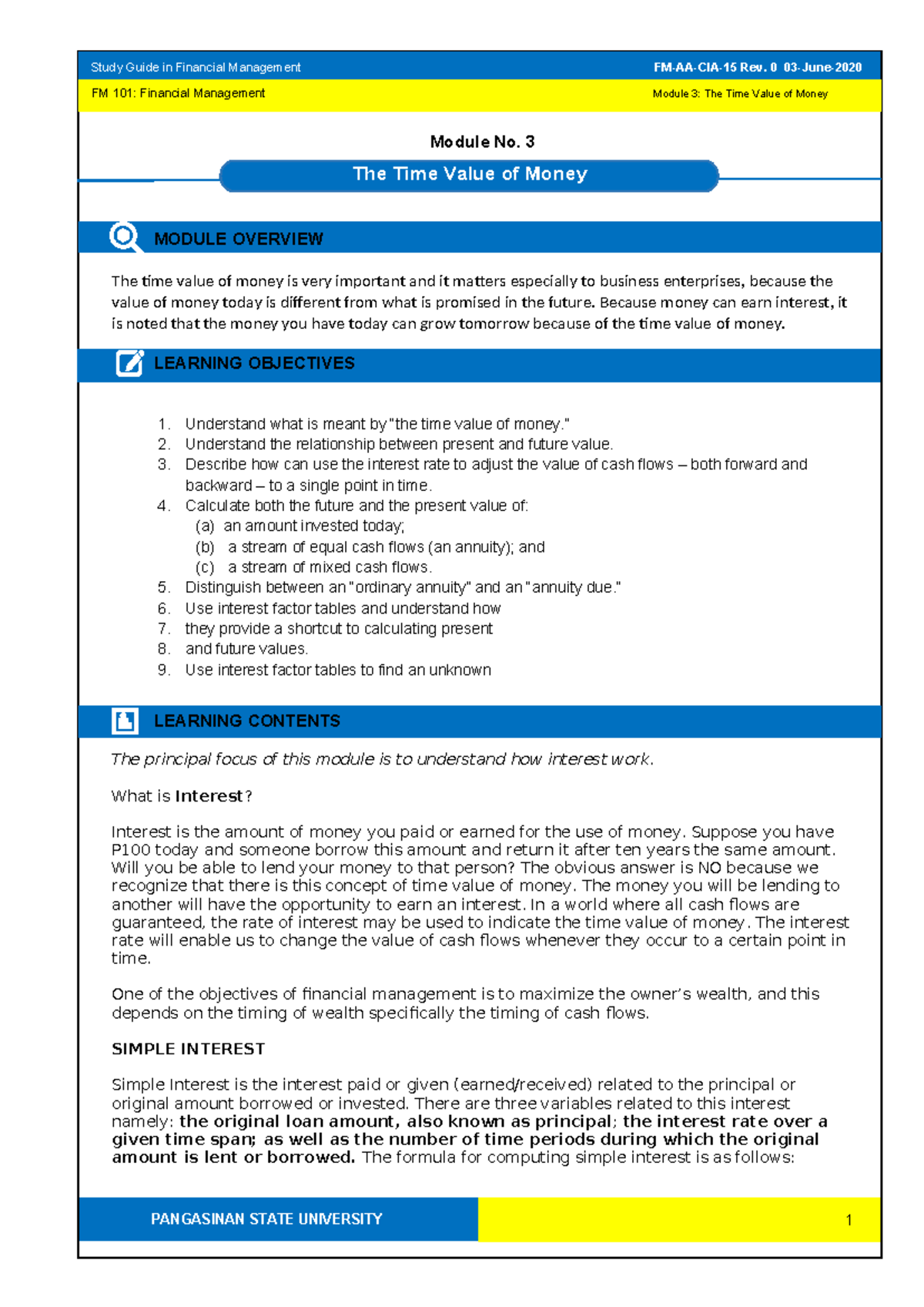 FM 101: Study Guide for Financial Management - Module 3: Time Value of ...