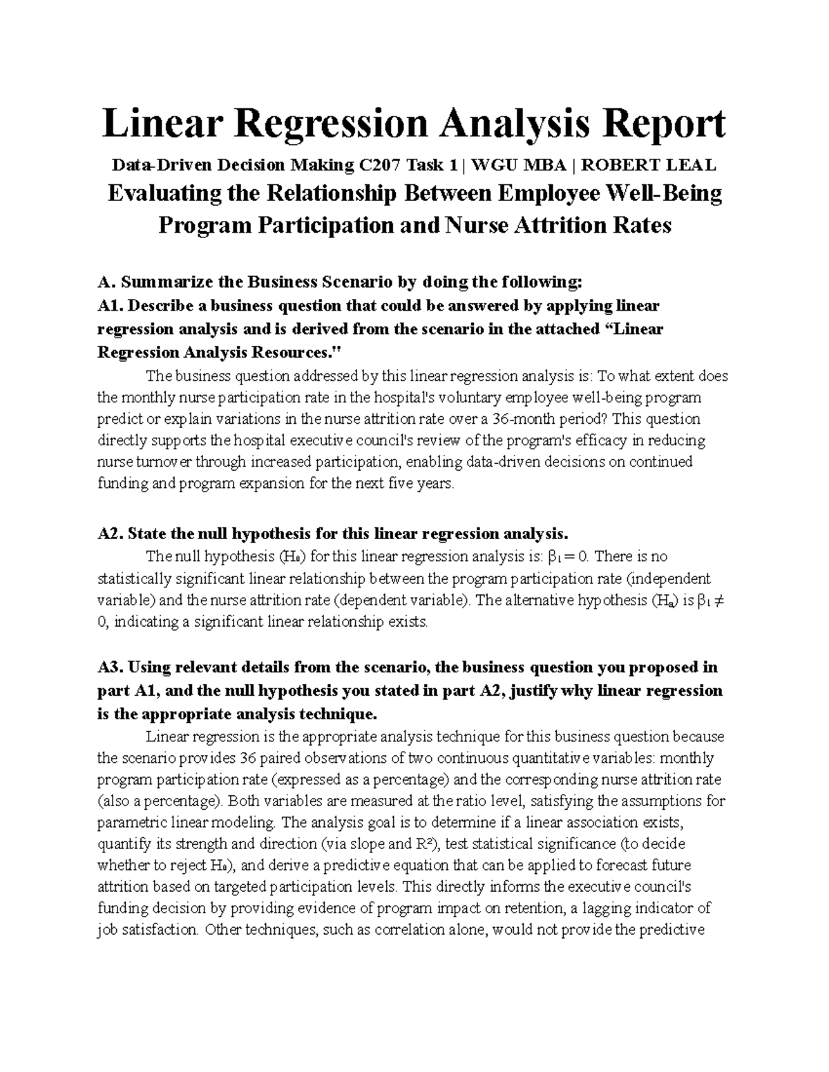 C207 Task 1: Linear Regression Analysis on Nurse Attrition Rates - Studocu
