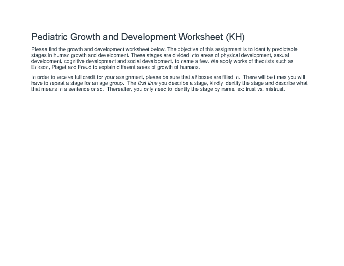 PEDS 101 Pediatric Growth & Development Worksheet Assignment - Studocu