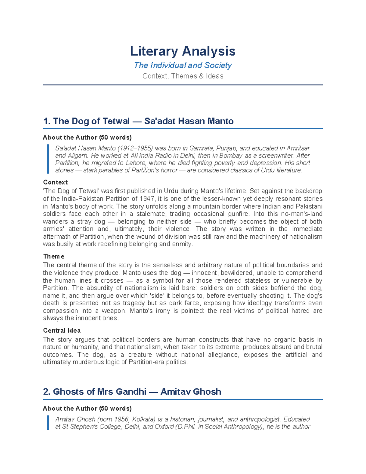 Literary Analysis: The Individual and Society in Context and Themes ...
