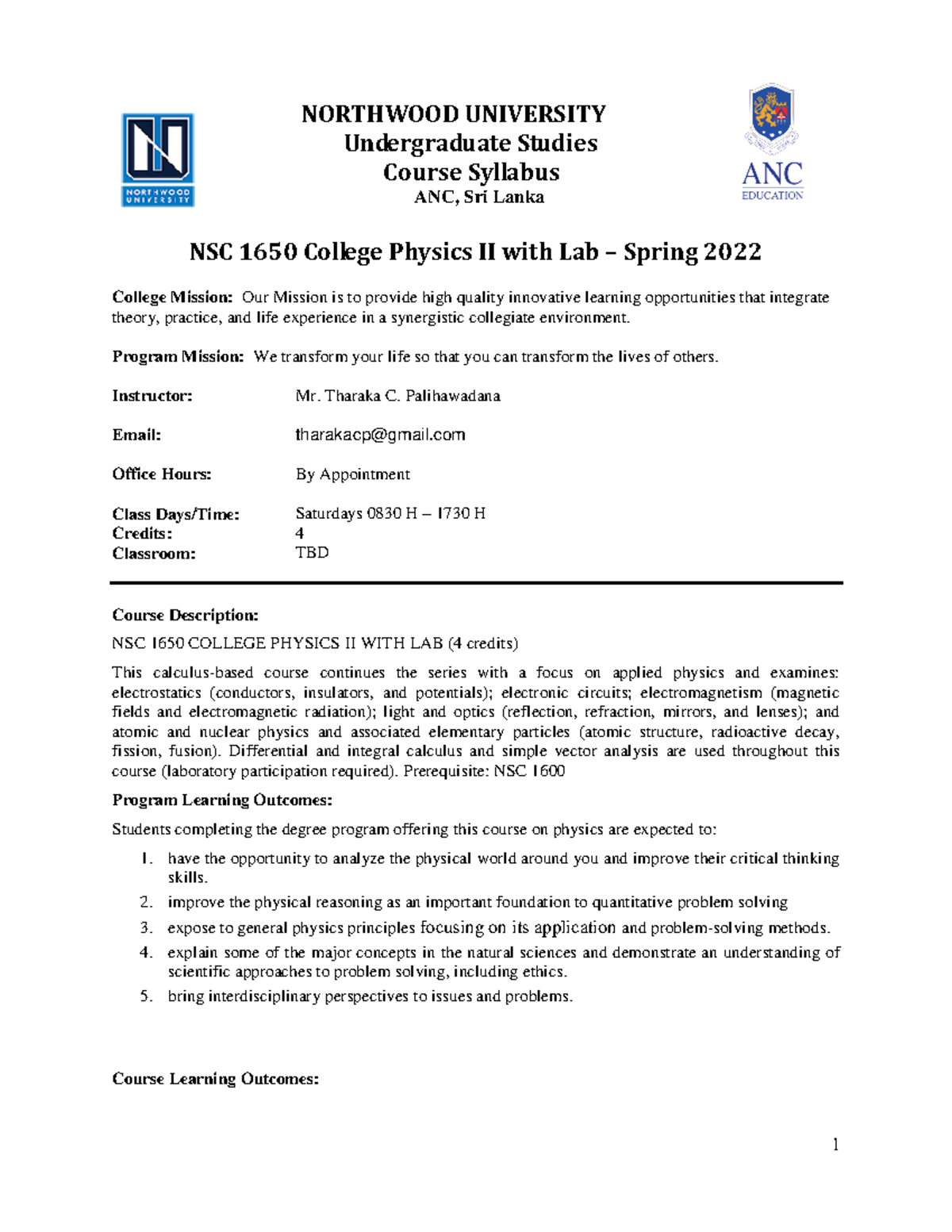 NSC 1650 College Physics II with Lab - Program Mission: We transform ...