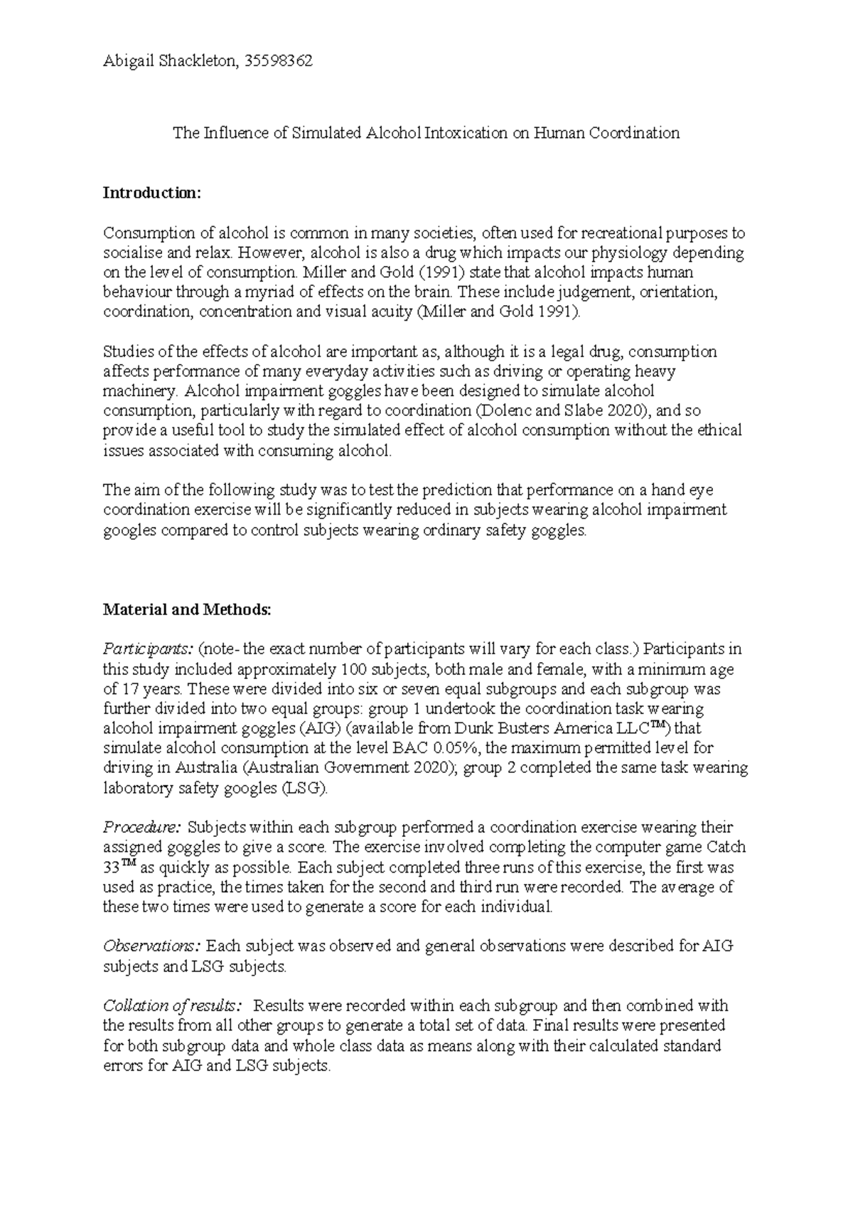 BIO103 Lab Report: Effects of Simulated Alcohol Intoxication on ...