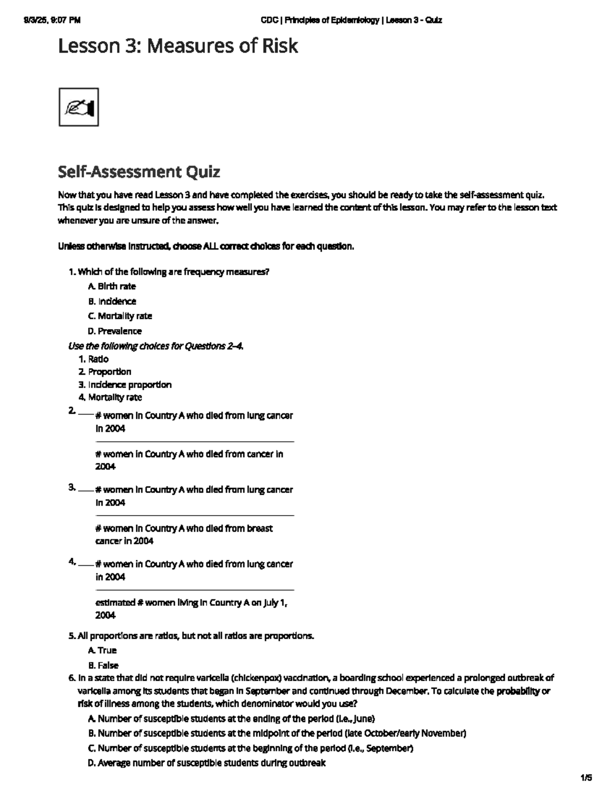 CDC I Principles of Epidemiology I Lesson 3 Quiz: Measures of Risk ...